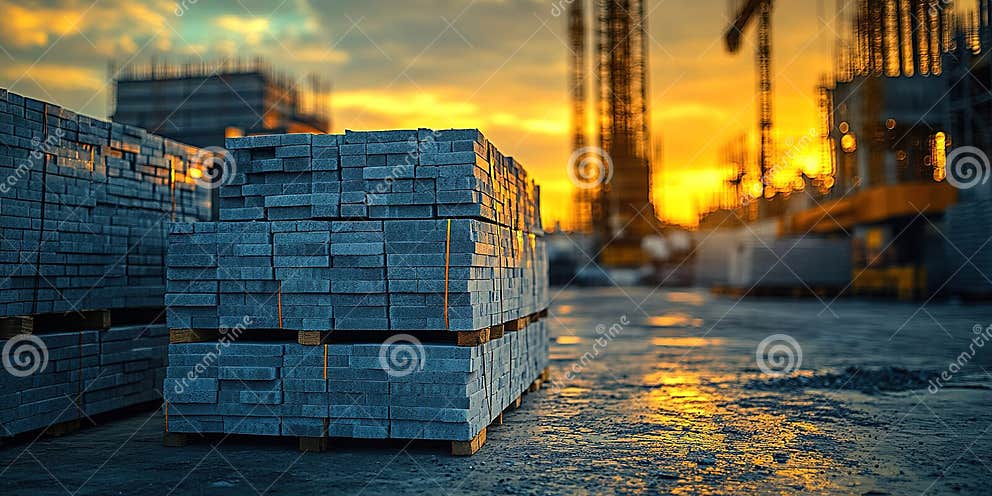 Construction Site at Sunset with Stacked Bricks and Cranes in the ...