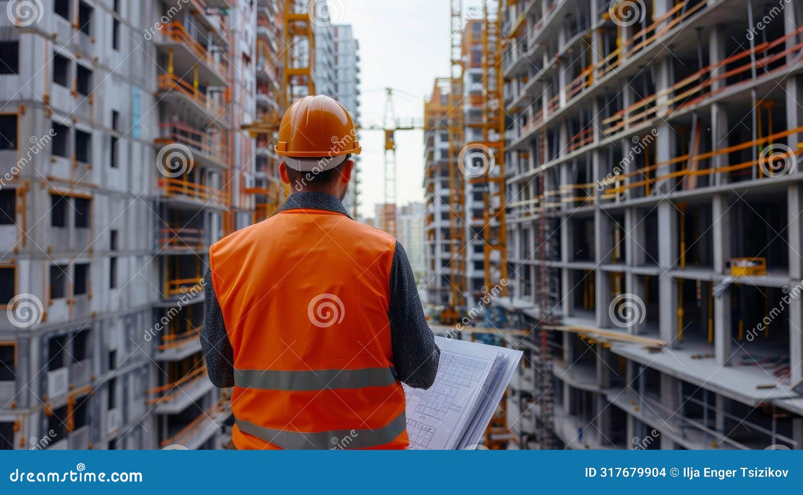 Construction Site Supervisor in Hard Hat Overseeing Project with ...