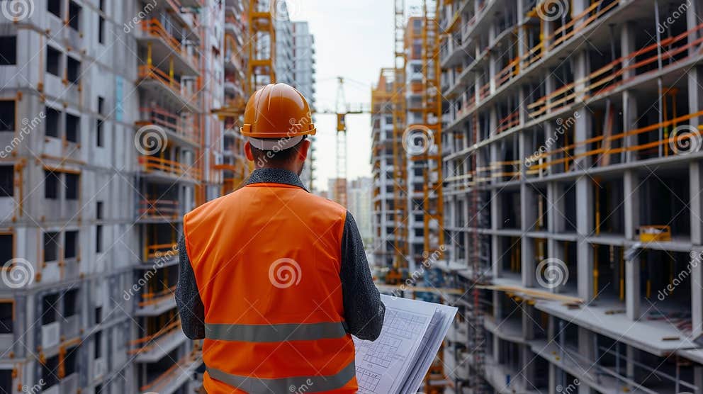 Construction Site Supervisor in Hard Hat Overseeing Project with ...