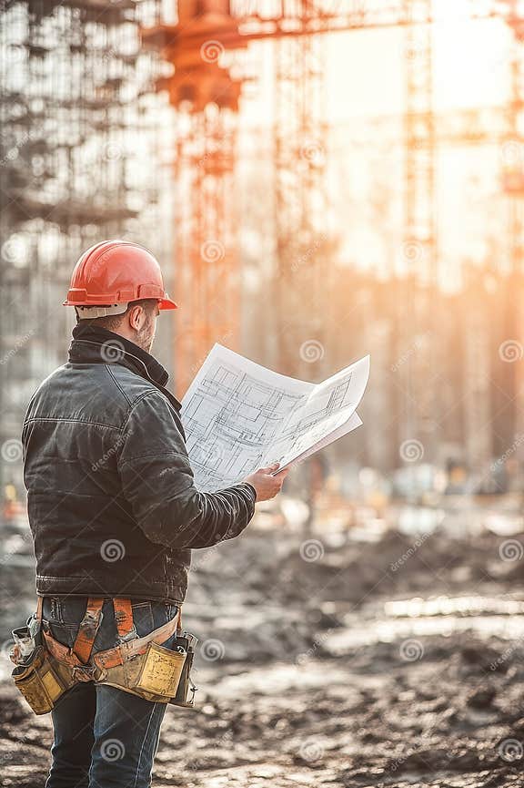 Construction Site Supervisor Overseeing Blueprints, Ensuring Project ...