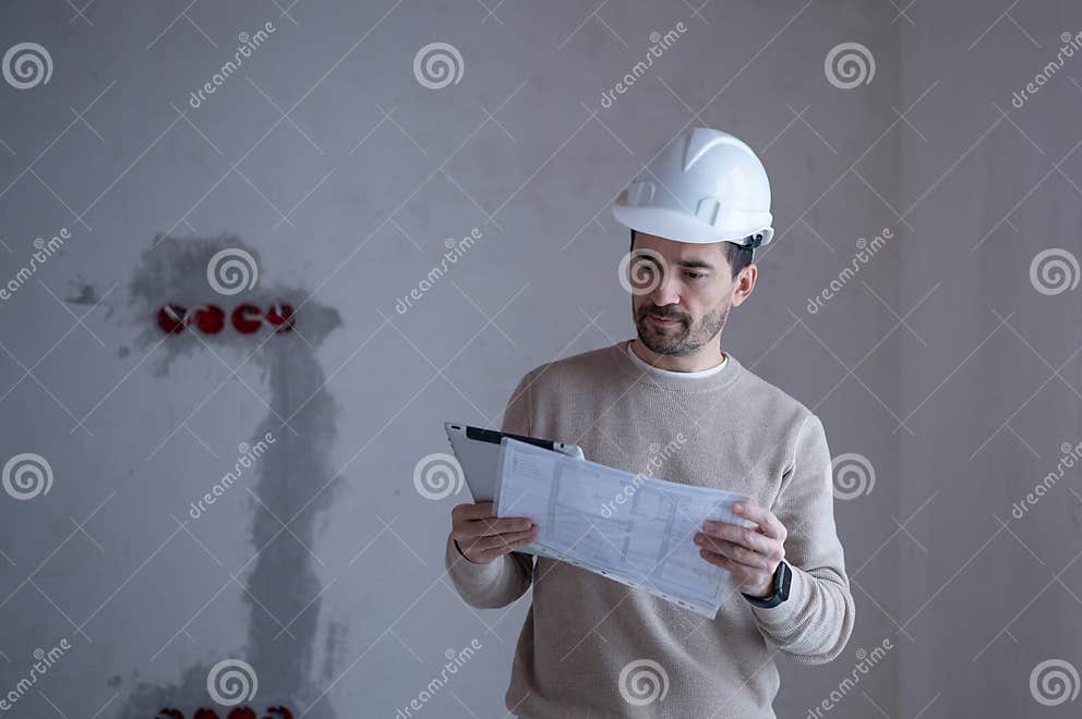 Construction Site Supervisor Reviewing Blueprints and Using Digital ...