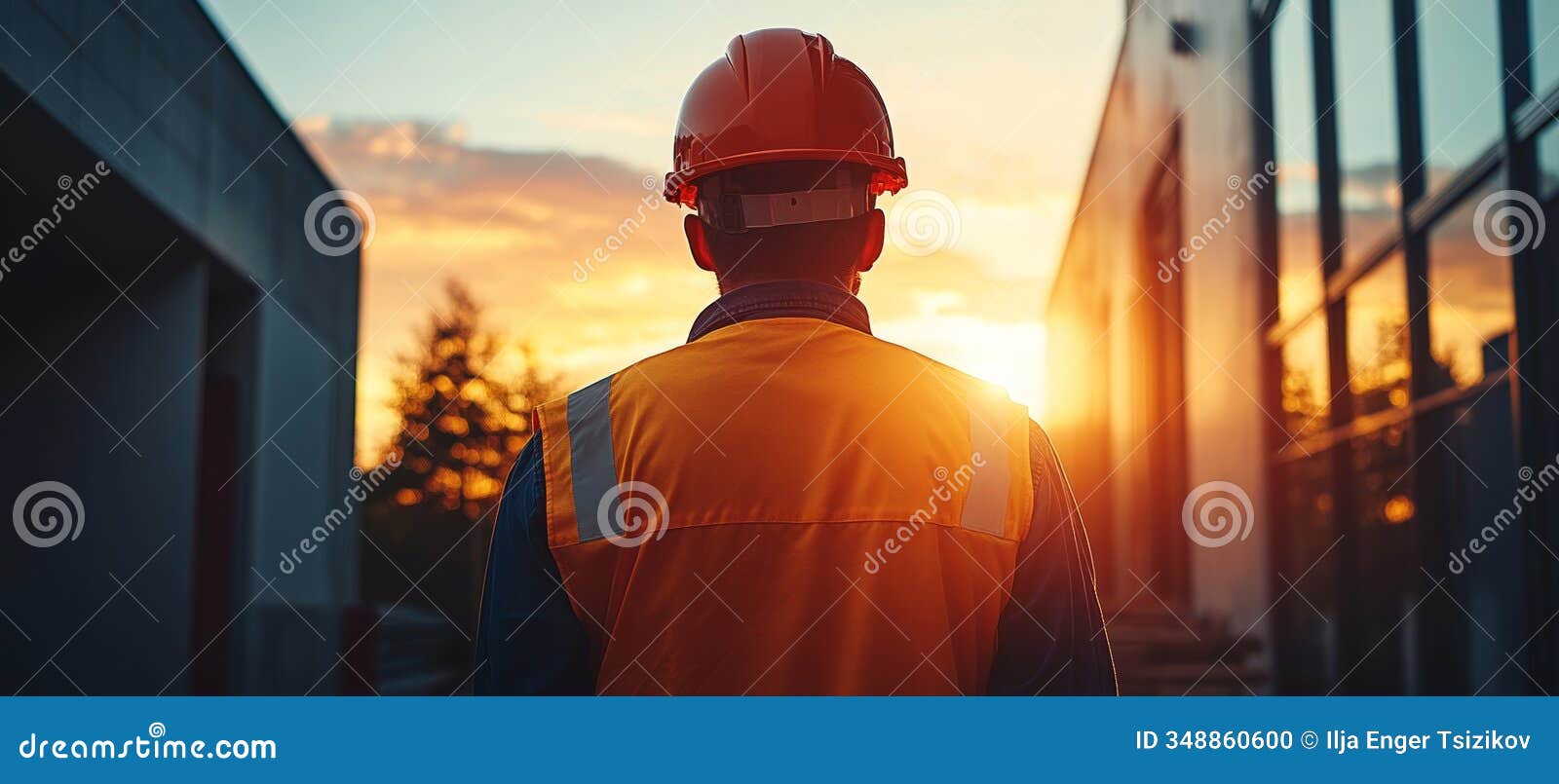 Construction Site Supervisor in Safety Helmet at Sunset a Symbol of ...