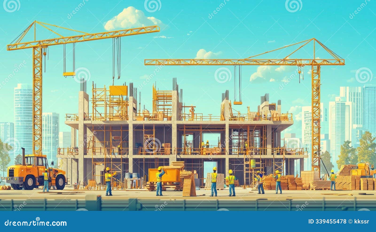 Construction Site Teamwork, Team of Builders in Hard Hats Lifting ...