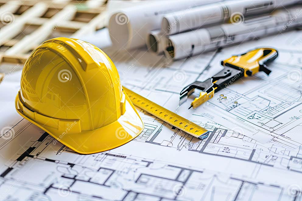 Construction Tools on Site Hard Hat, Tape Measure, Pliers, Blueprints ...