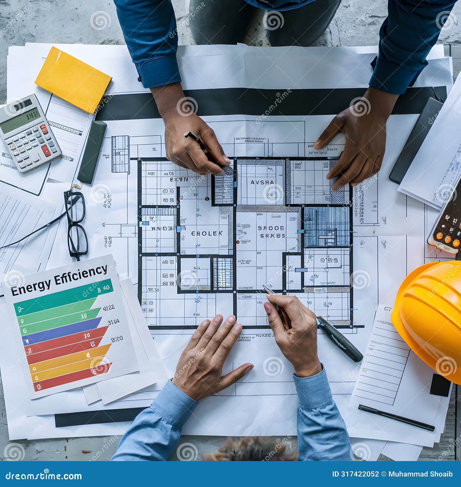 Construction Site Tools and Materials with Energy Efficiency Chart, Calculator, and Blueprints ...