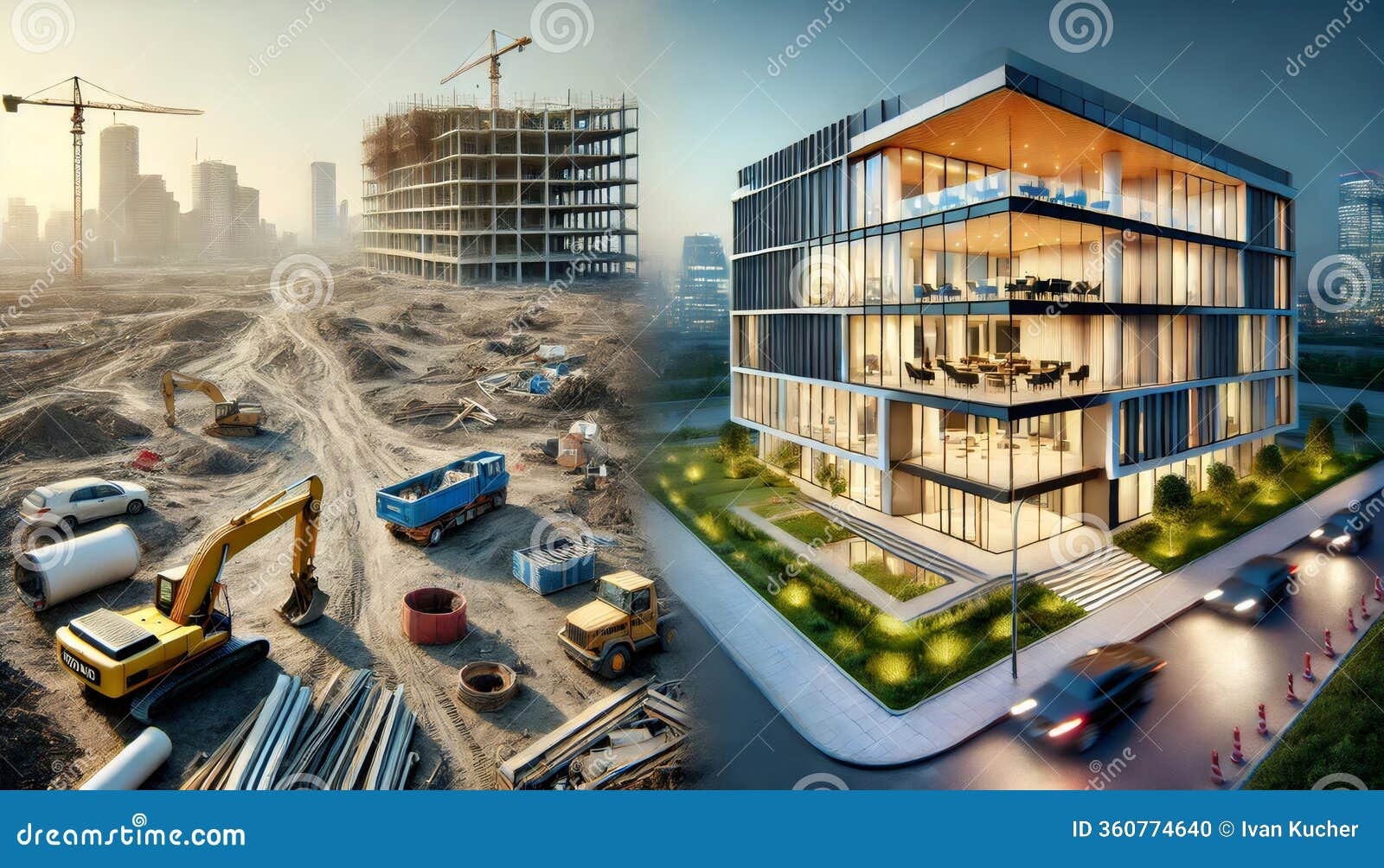 Construction Site Transforming into a Modern Office Building, before ...
