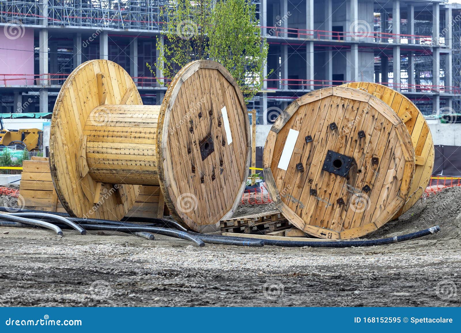 Construction Site with Two Big Empty Cable Drum Stock Image - Image of ...