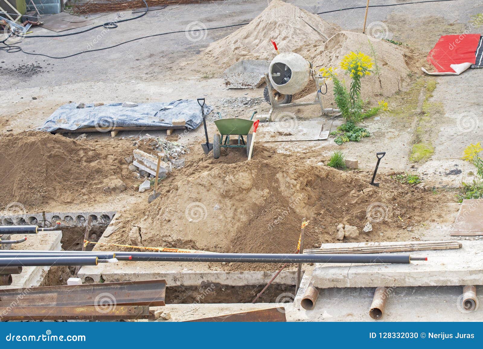 Construction Site. View from Top. Wheelbarrow and Concrete Mixer. Stock ...