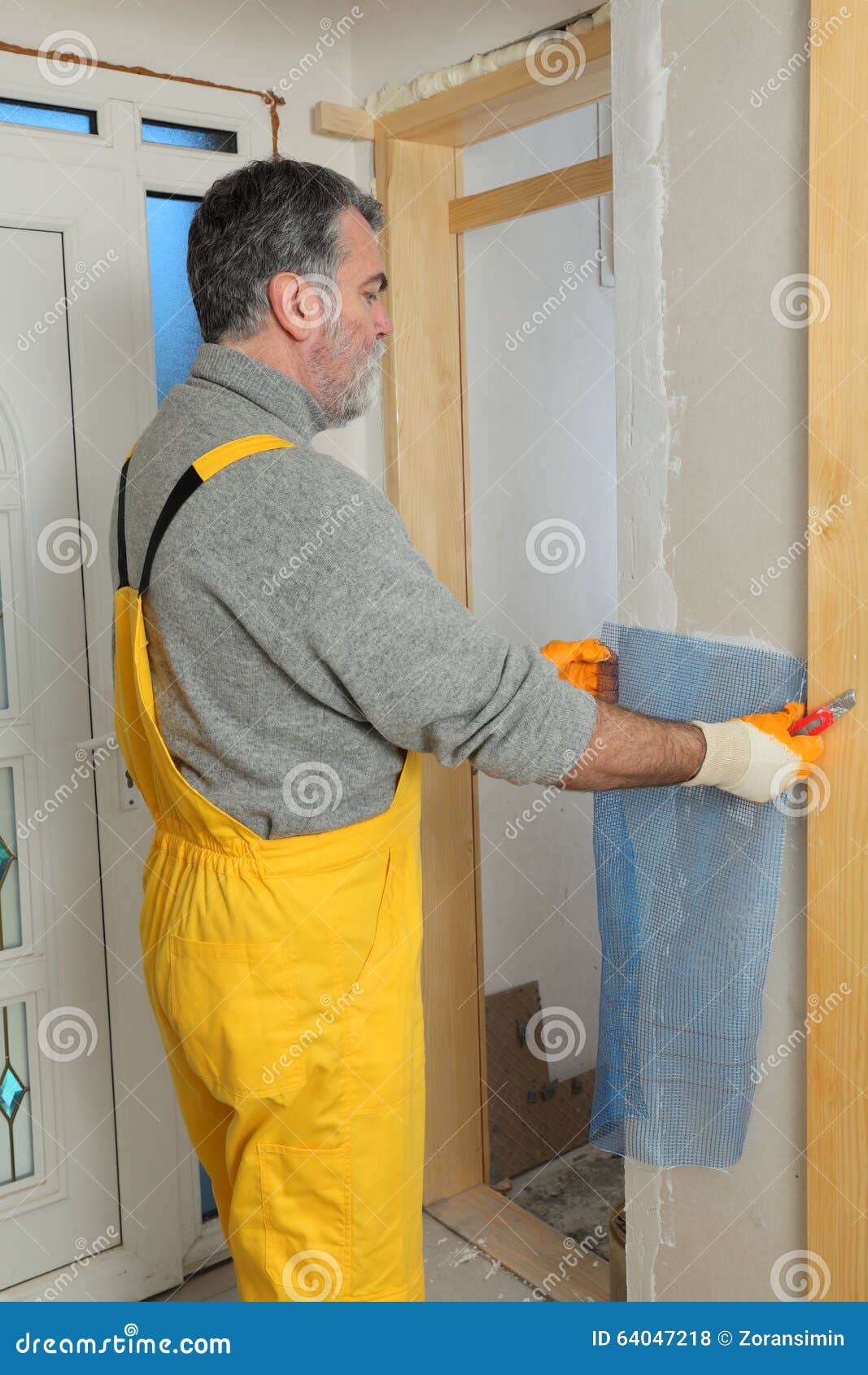 Construction Site, Worker Installing Gypsum Board Stock Photo - Image ...
