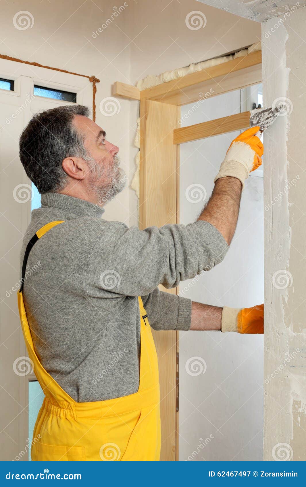 Construction Site, Worker Installing Gypsum Board Stock Image - Image ...