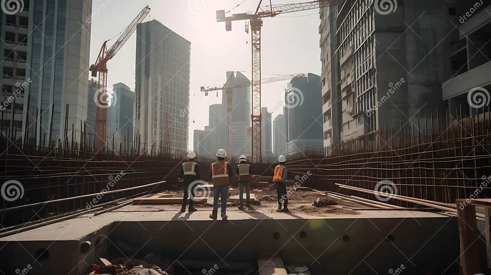 Construction Site with Workers Building a Skyscraper Two Generative AI ...