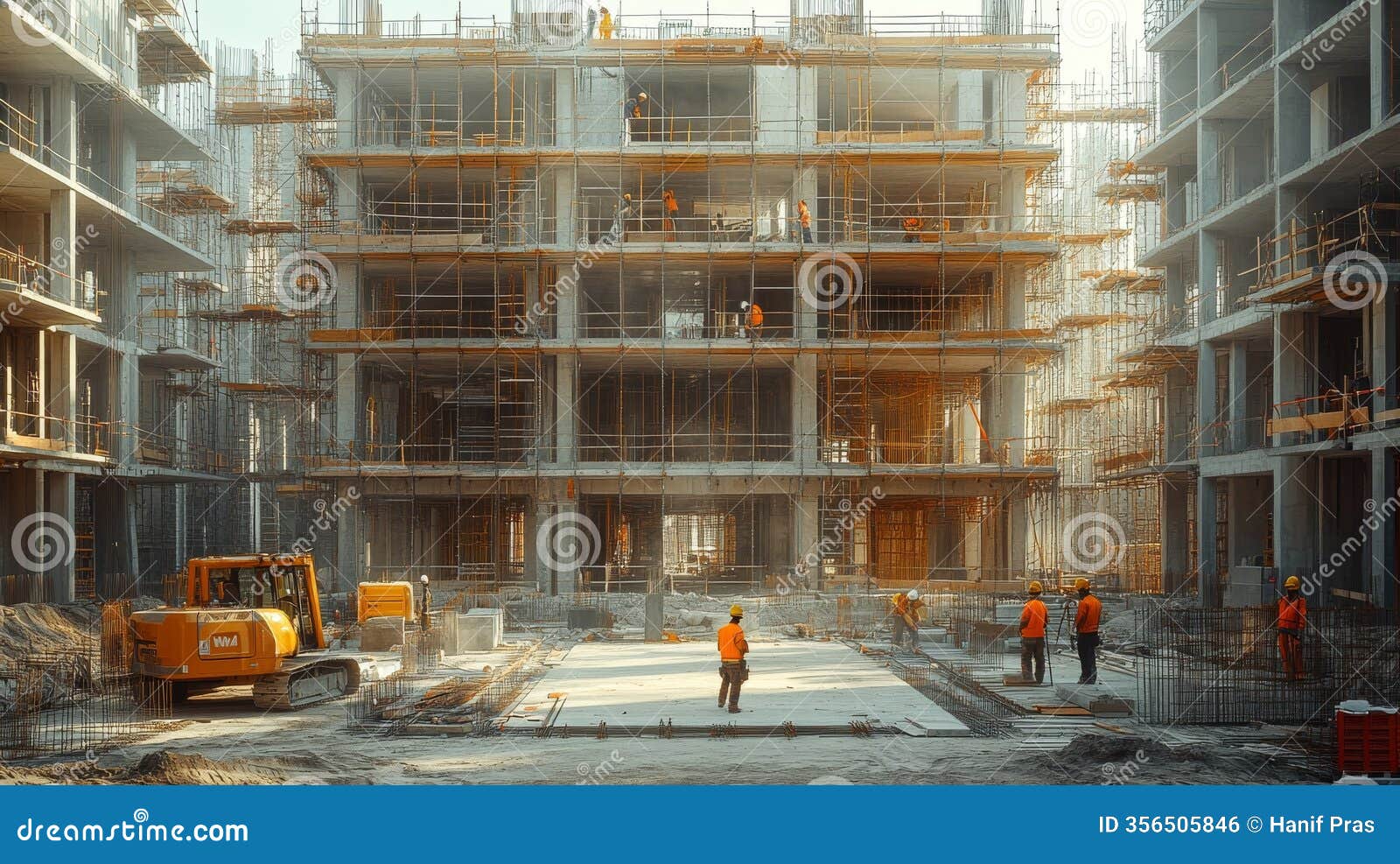 Construction Site with Workers and Building Construction Stock ...