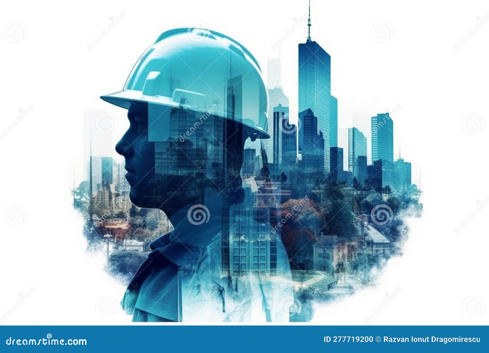 Construction Site with Workers and Cranes, Created Using a Double ...