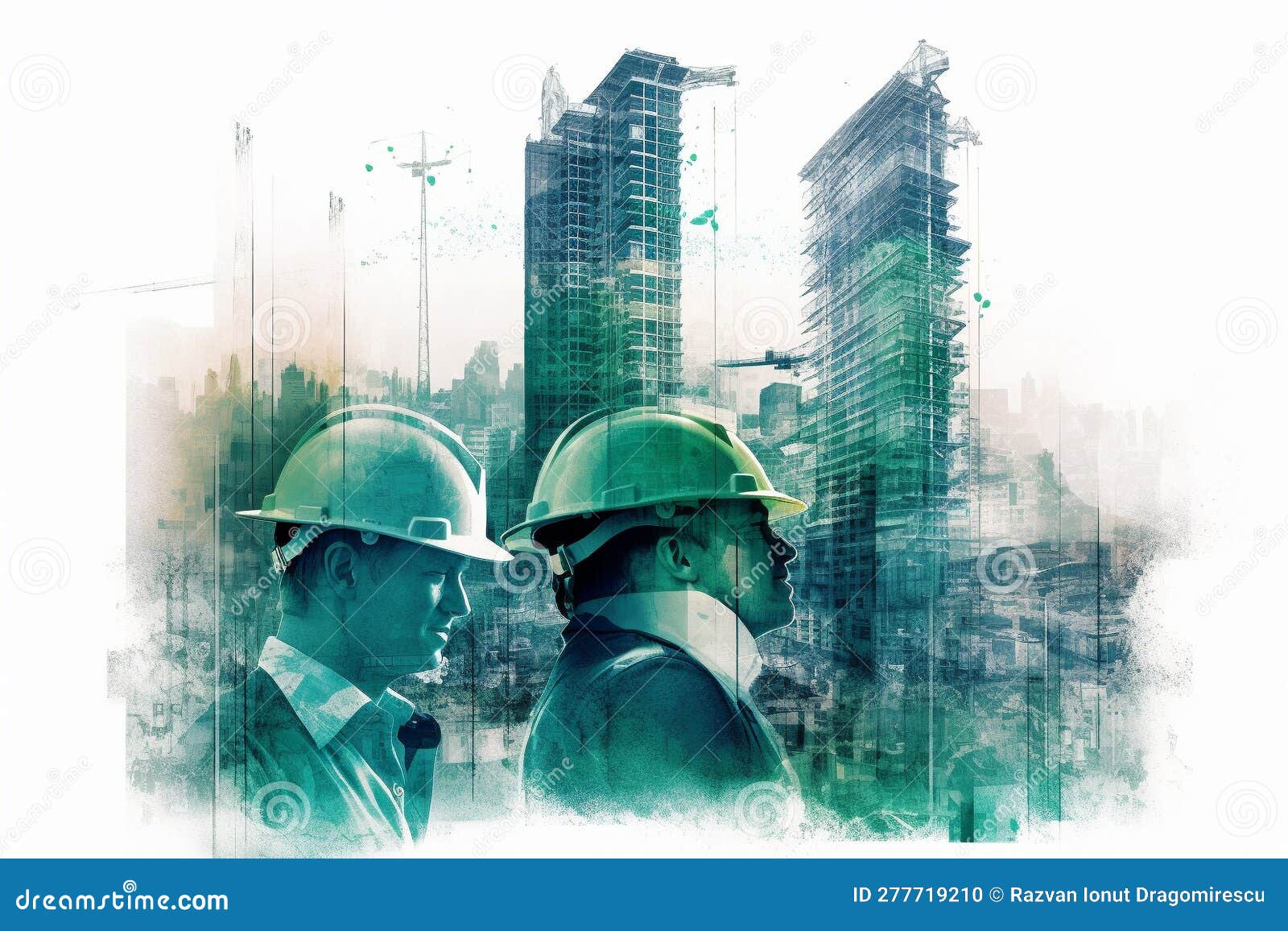 Construction Site with Workers and Cranes, Created Using a Double ...