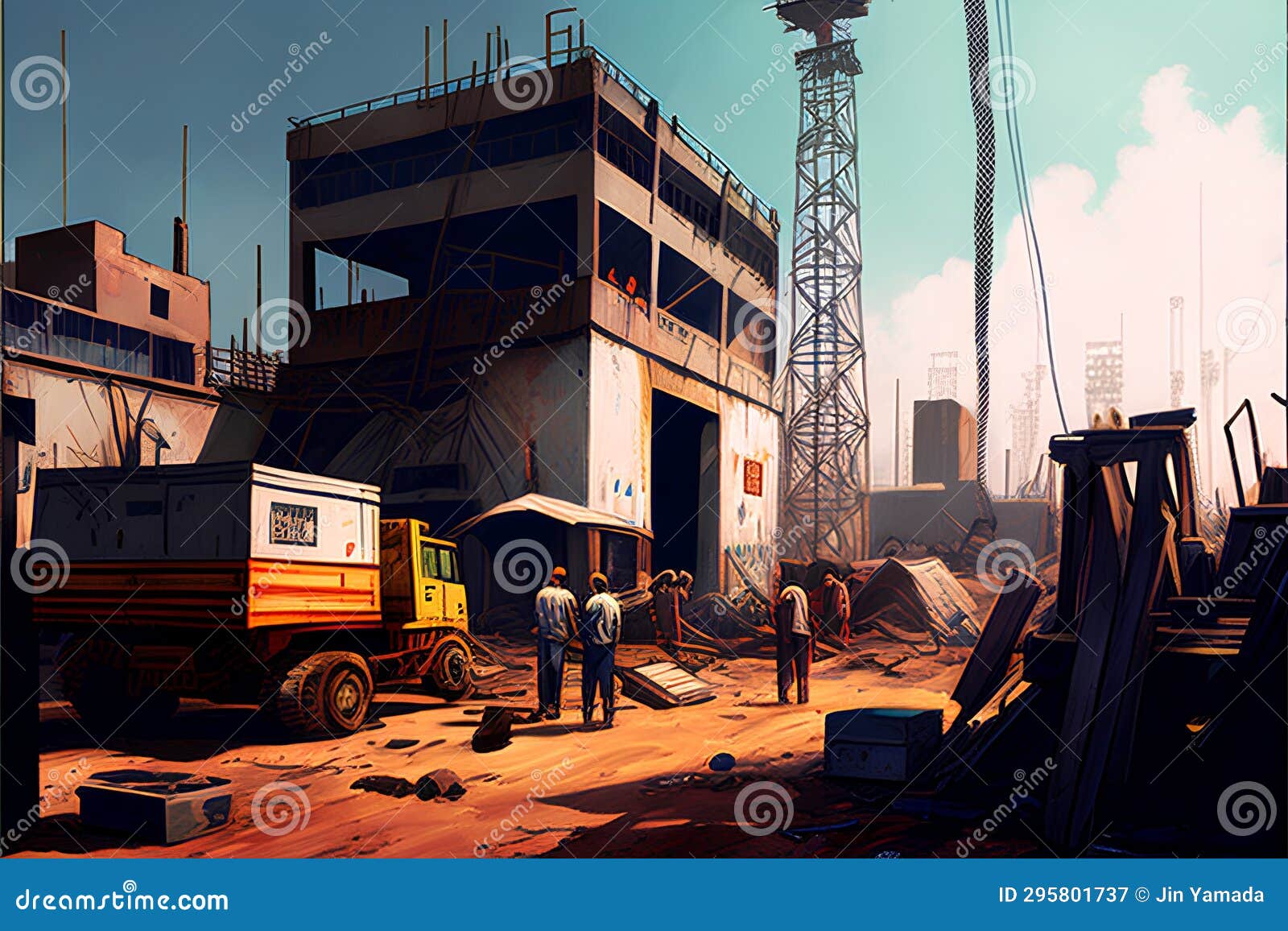 Construction Site with Workers and Heavy Machinery, Digital Painting ...