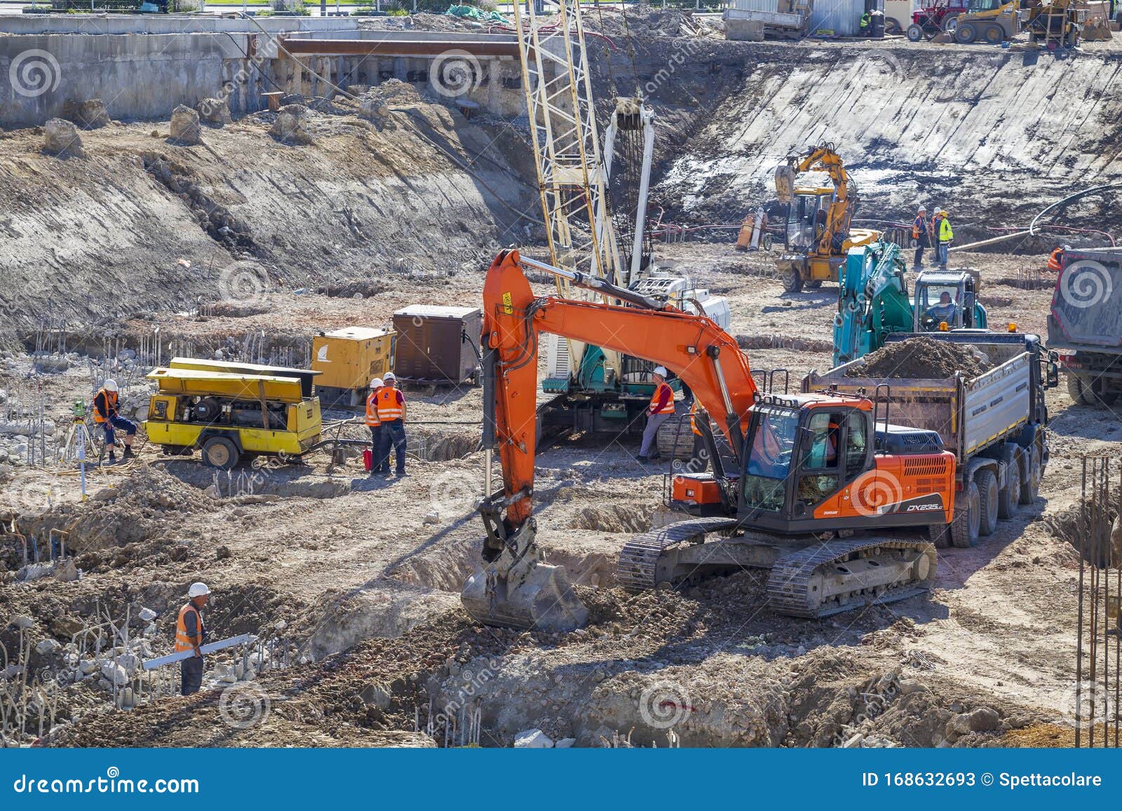Construction Site with Workers and Machinery Editorial Stock Photo ...