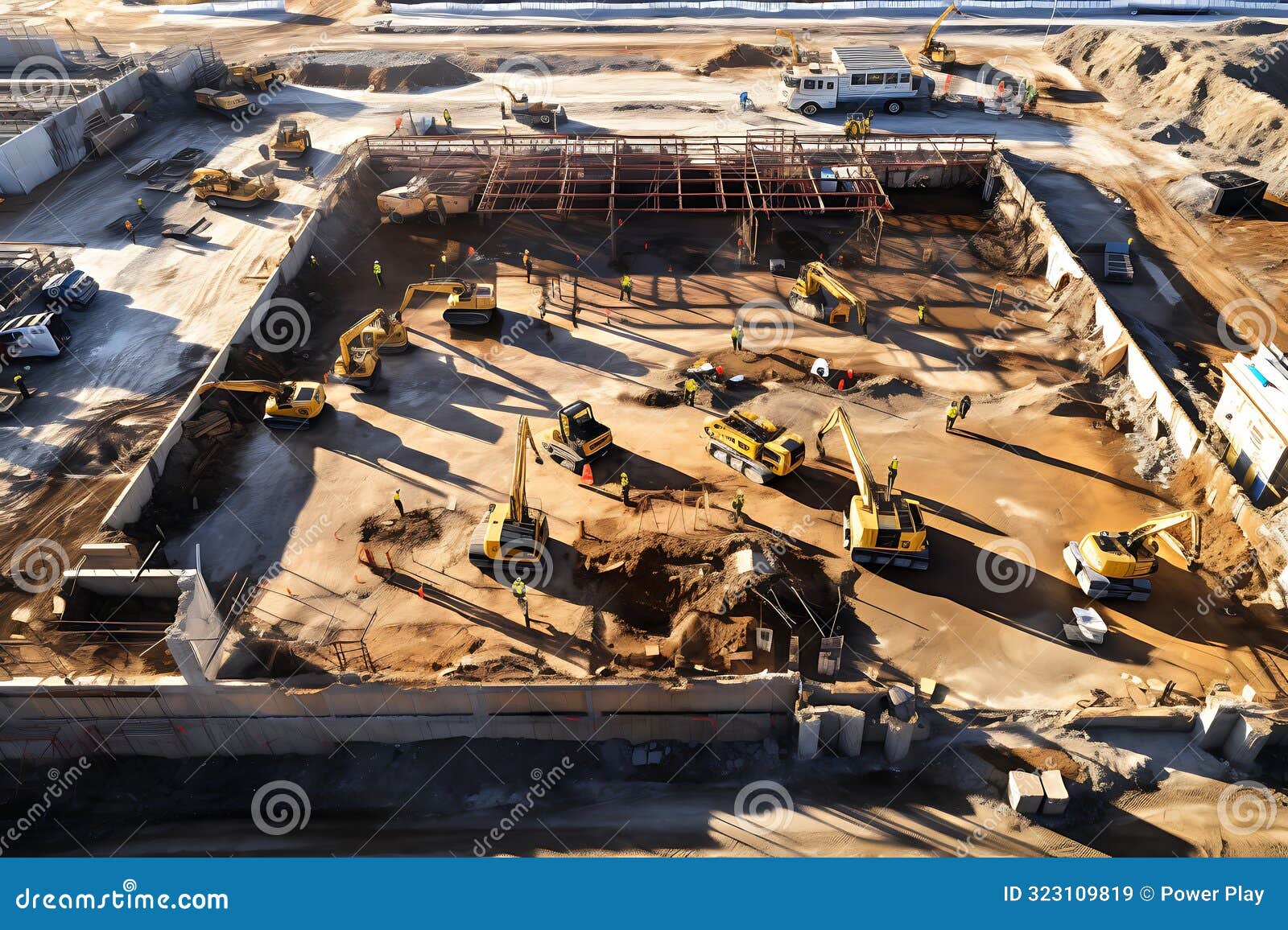 Construction Site with Workers in the Process of Building, Top View ...
