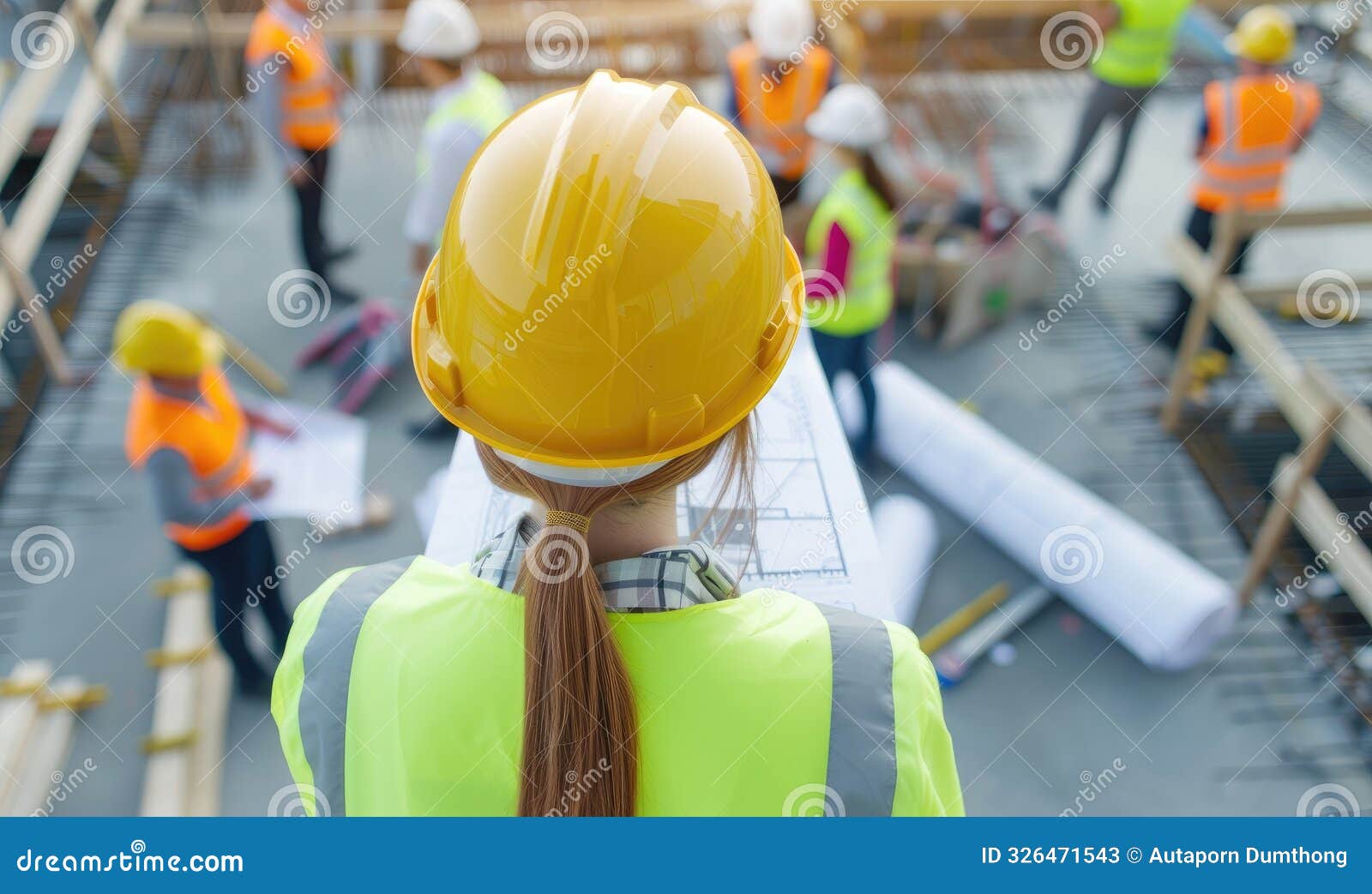 Construction Site with Workers in Safety Gear Discussing Project Plans ...