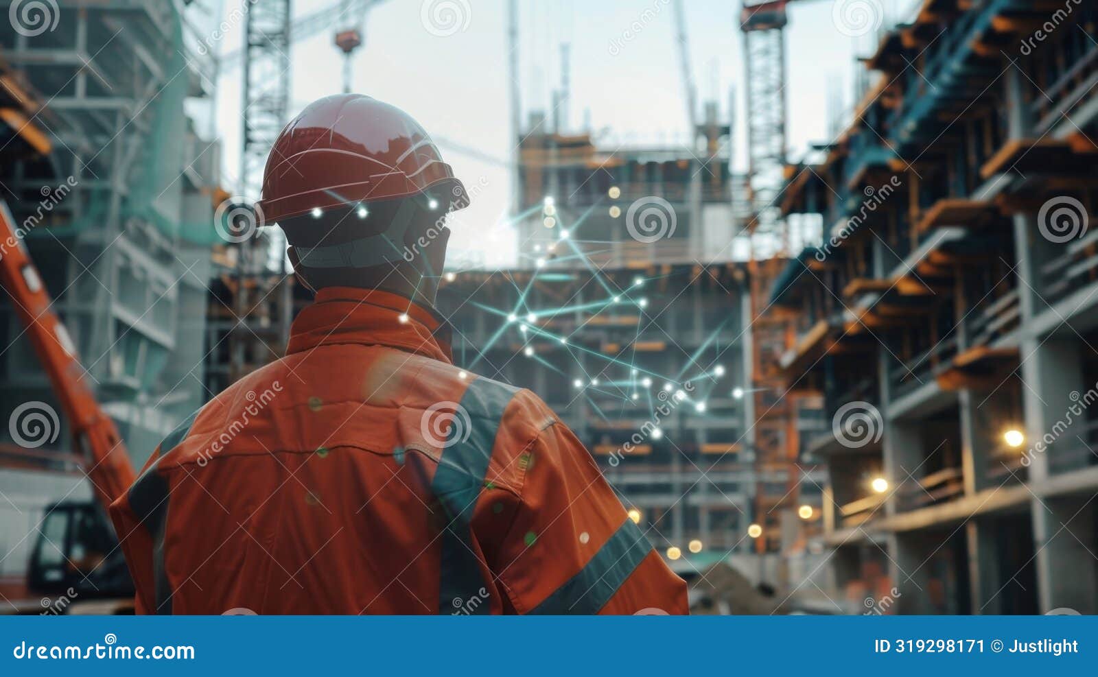 A Construction Site with Workers Wearing Smart Helmets All Connected ...