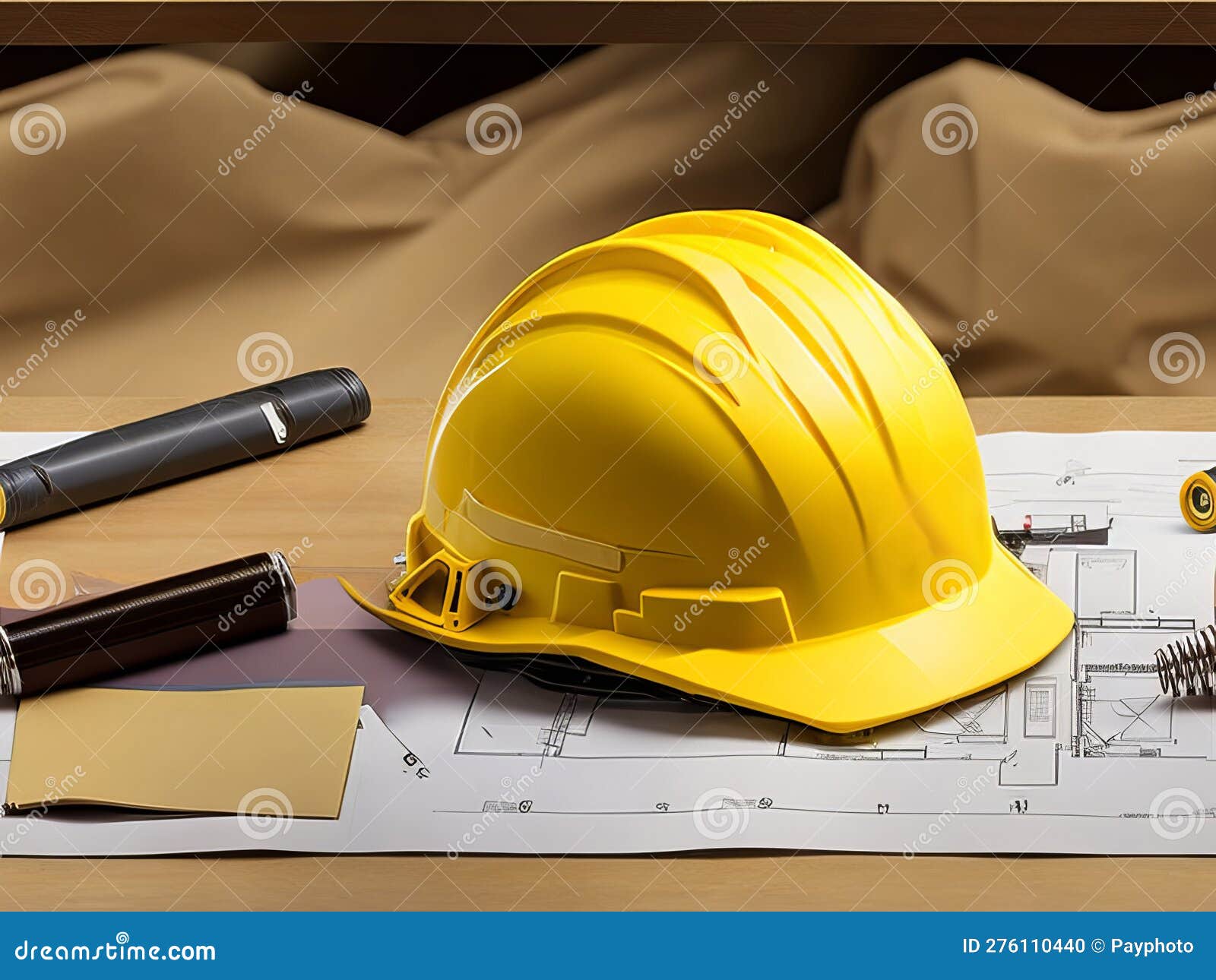 Construction Site Workstations with a Safety Helmet and a Blueprint ...