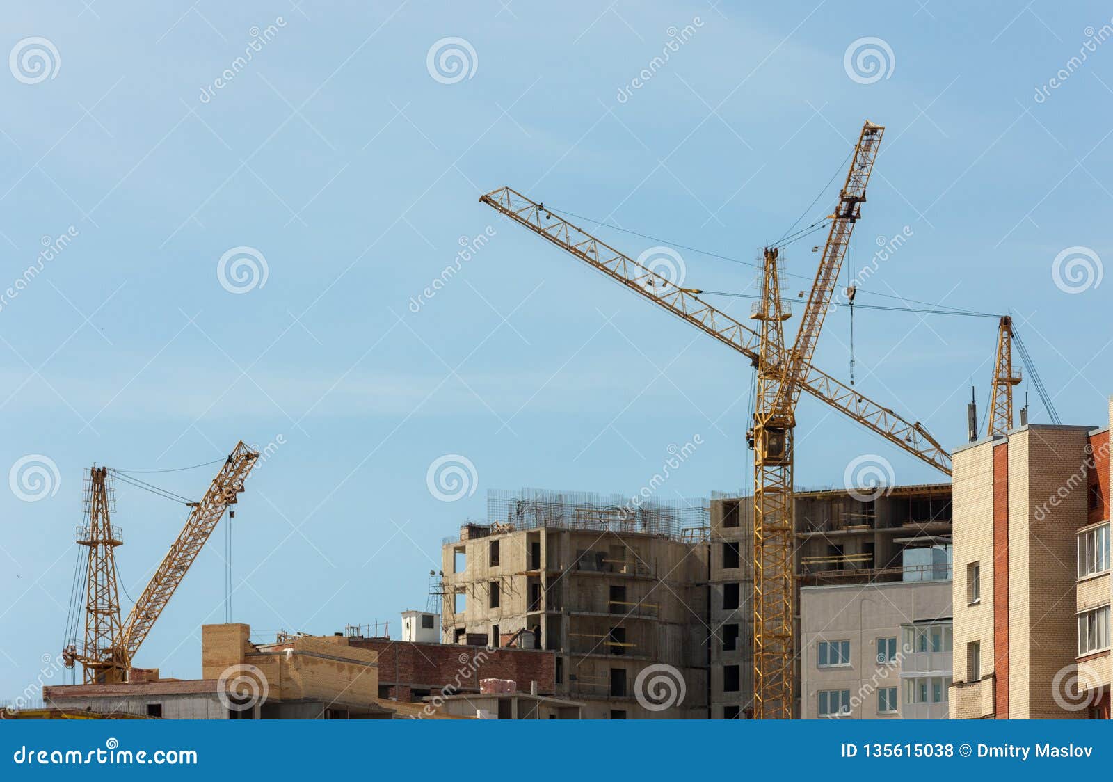 Construction Site with Yellow Cranes Stock Photo - Image of industrial ...