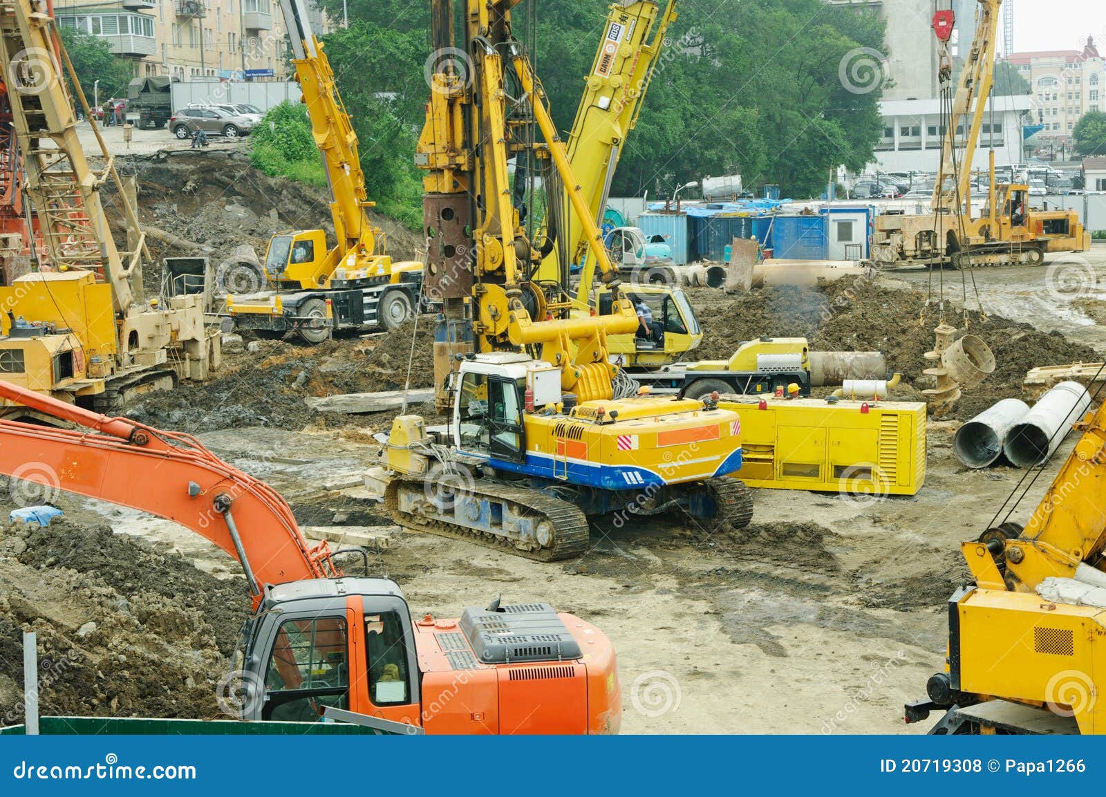 Construction Site with Yellow Tractors Stock Photo - Image of industry ...