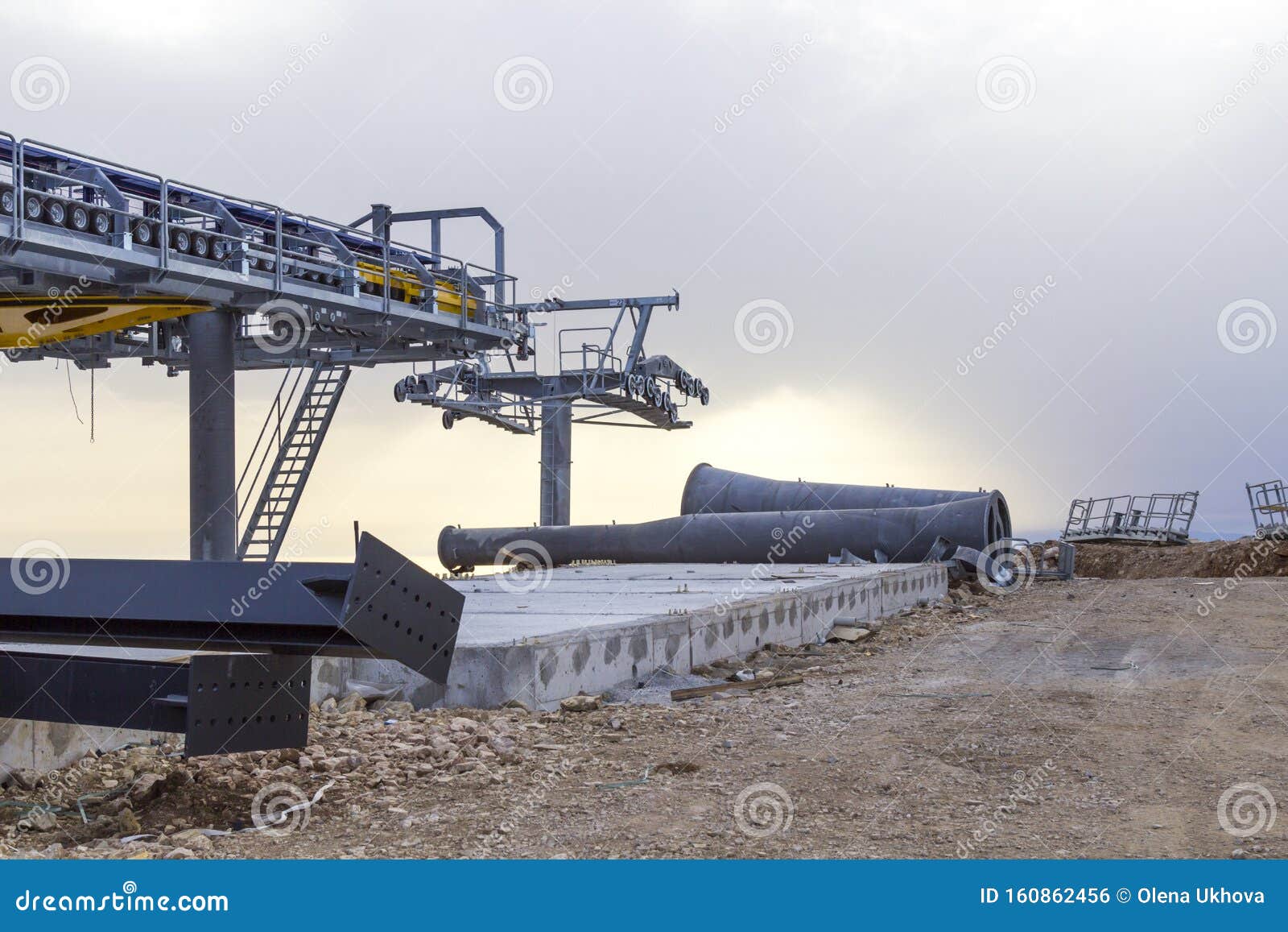Construction of a Ski Lift in the Mountains. Building Structures - on a ...