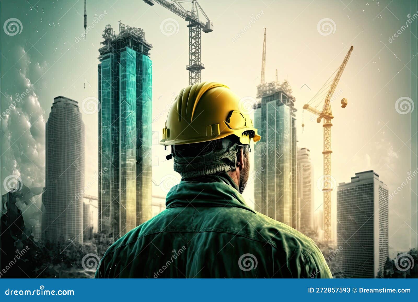 Construction of a Skyscraper, View of a Worker in a Helmet from Behind ...