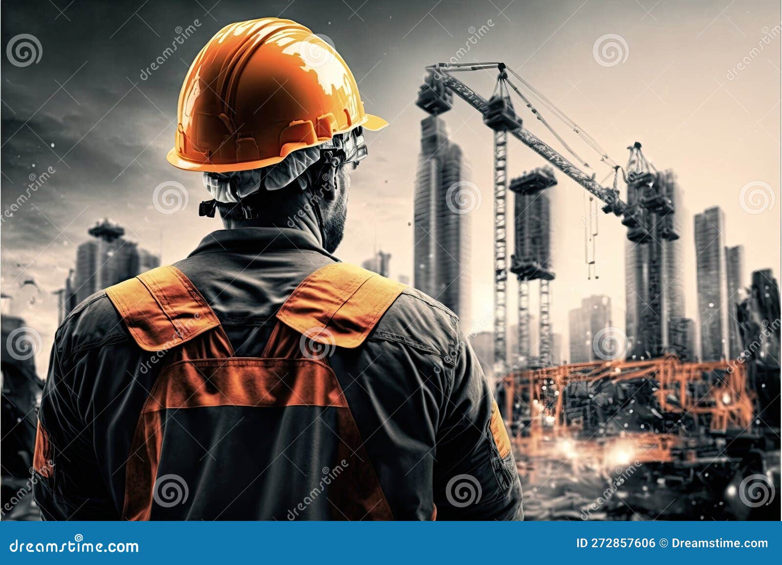 Construction of a Skyscraper, View of a Worker in a Helmet from Behind ...