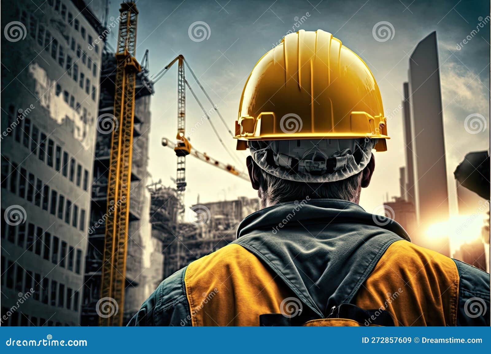 Construction of a Skyscraper, View of a Worker in a Helmet from Behind ...