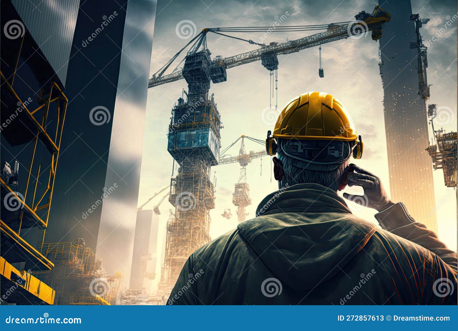 Construction of a Skyscraper, View of a Worker in a Helmet from Behind ...
