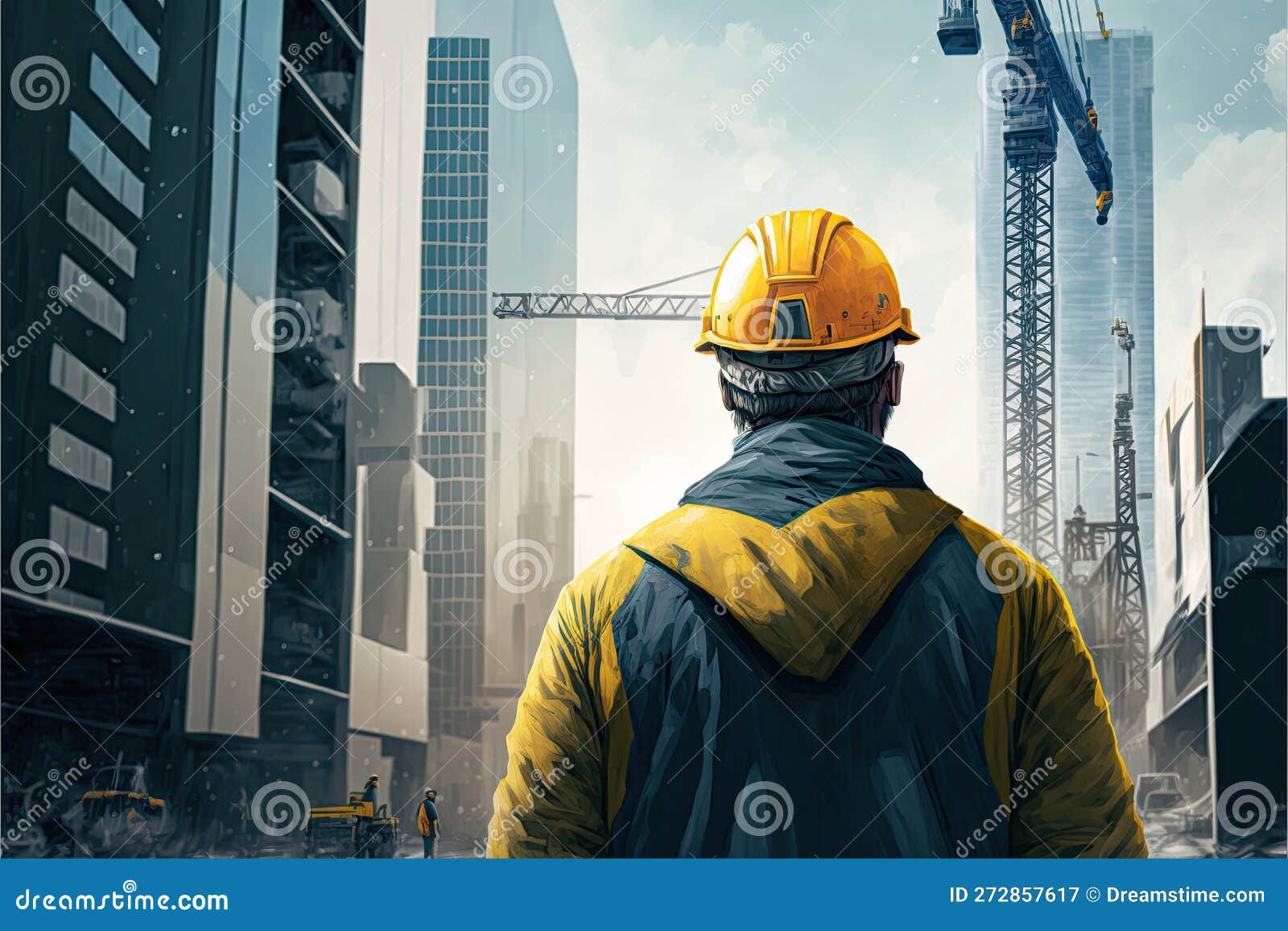 Construction of a Skyscraper, View of a Worker in a Helmet from Behind ...