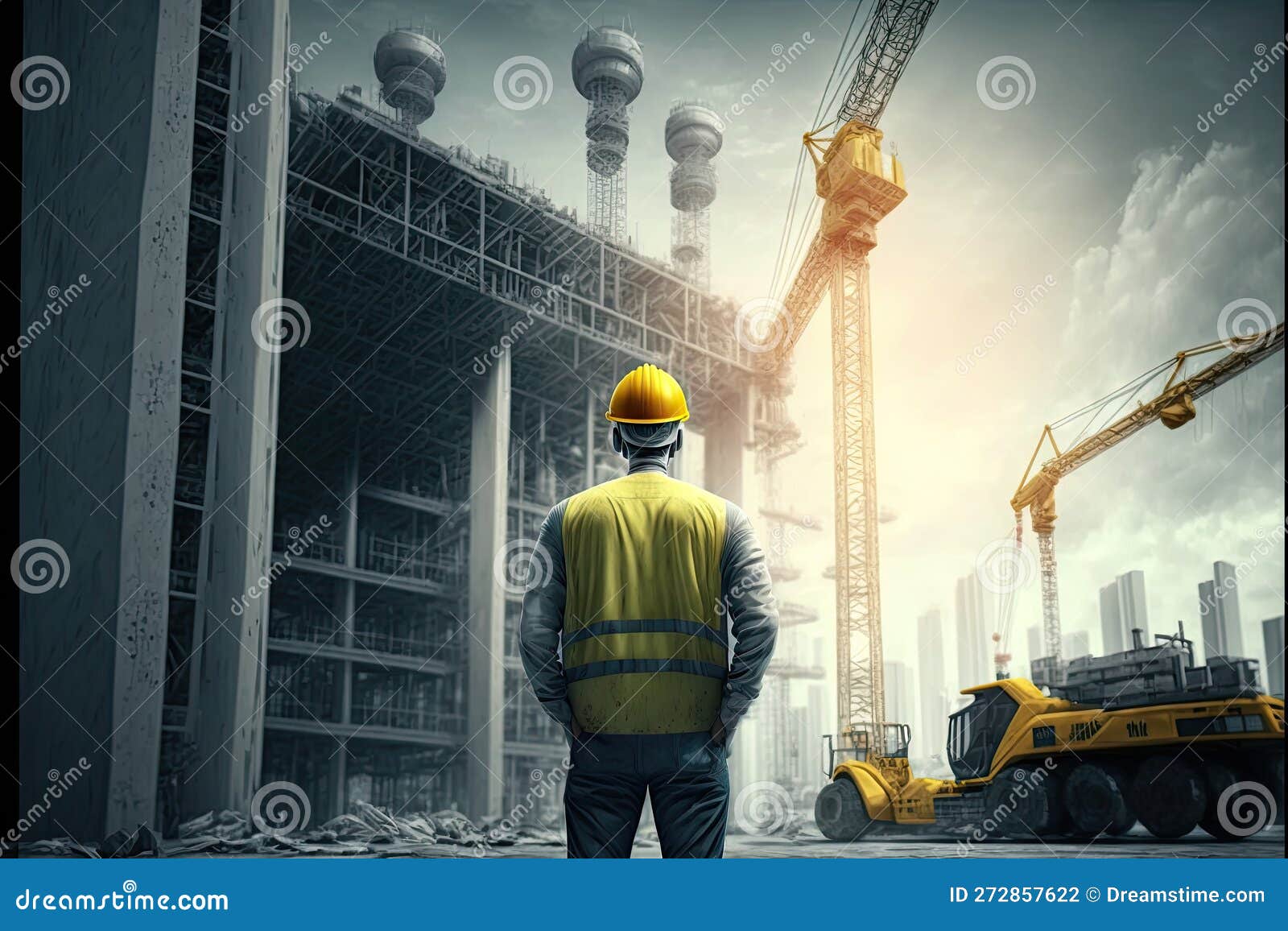 Construction of a Skyscraper, View of a Worker in a Helmet from Behind ...