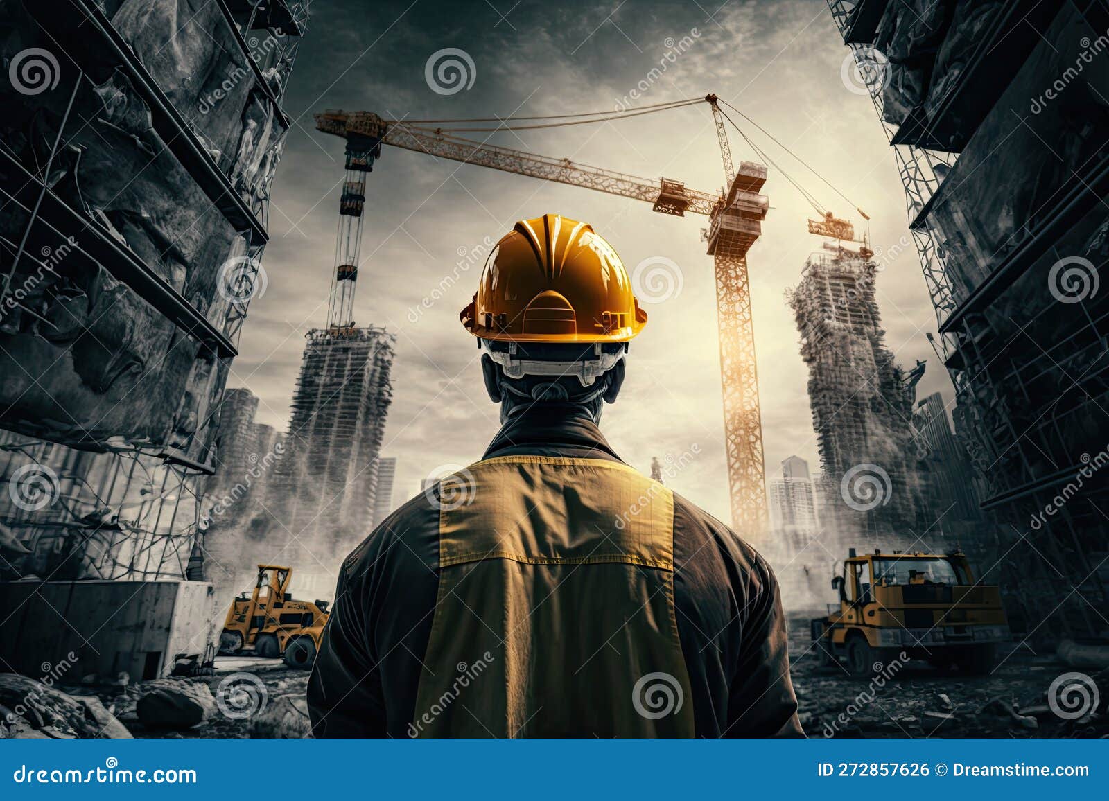 Construction of a Skyscraper, View of a Worker in a Helmet from Behind ...