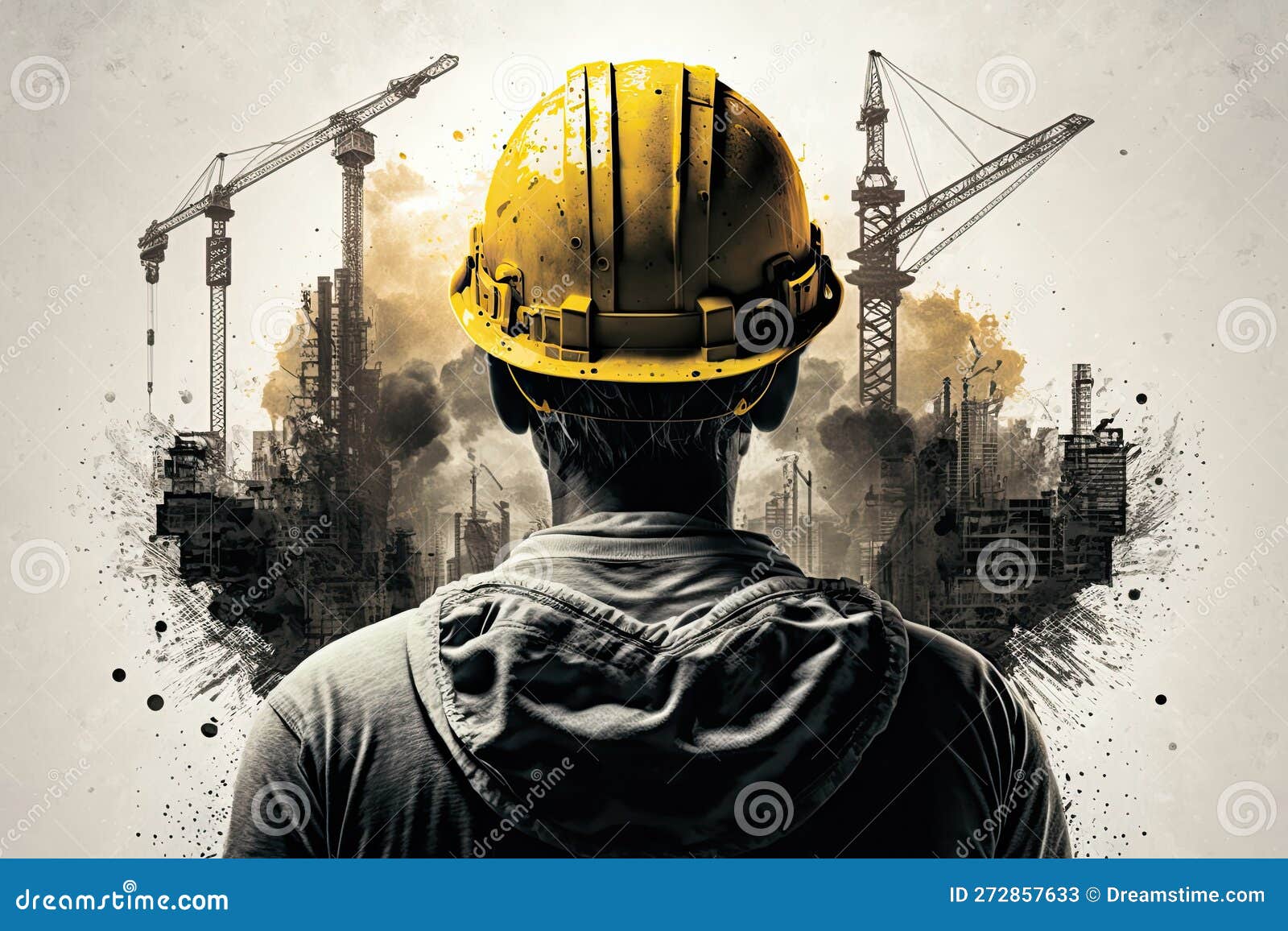 Construction of a Skyscraper, View of a Worker in a Orange Helmet from ...