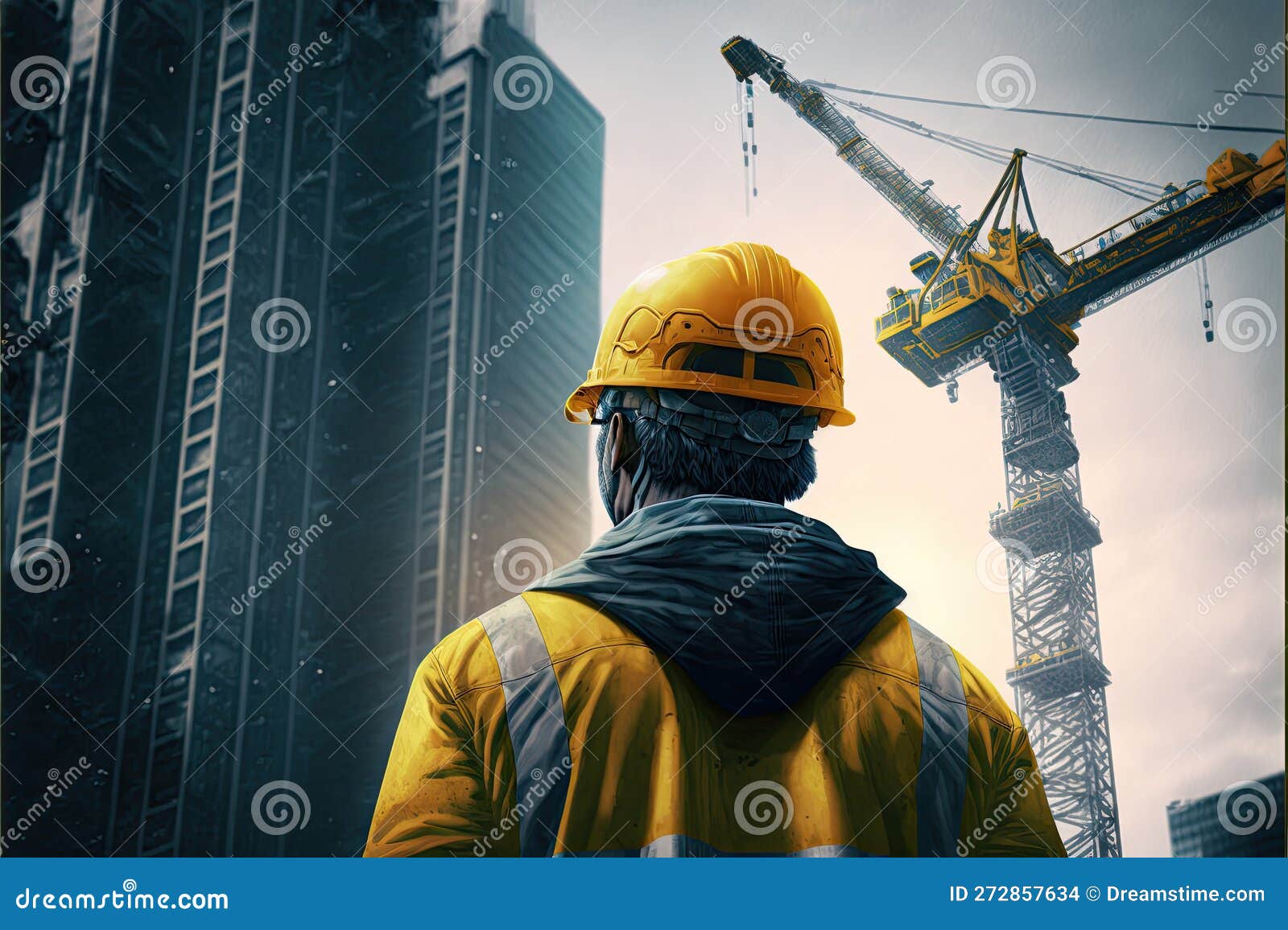 Construction of a Skyscraper, View of a Worker in a Orange Helmet from ...