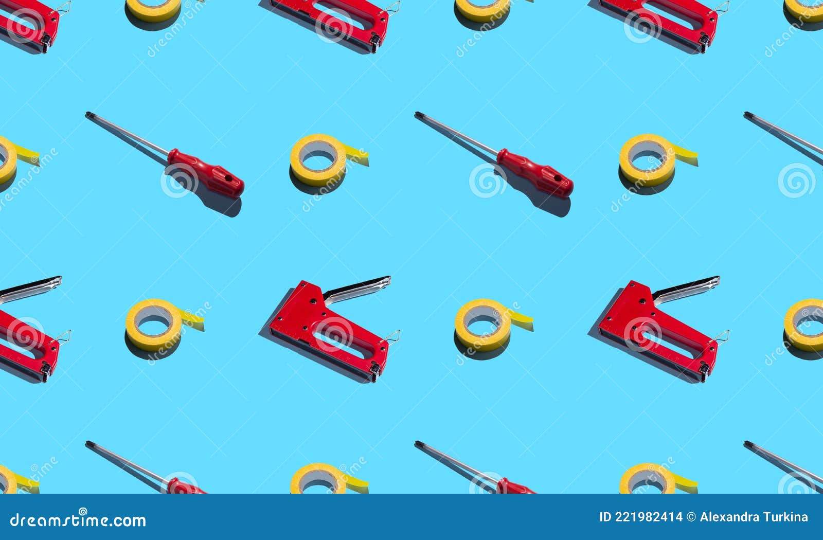 Construction Stapler, Screwdriver and Duct Tape Pattern on a Blue ...