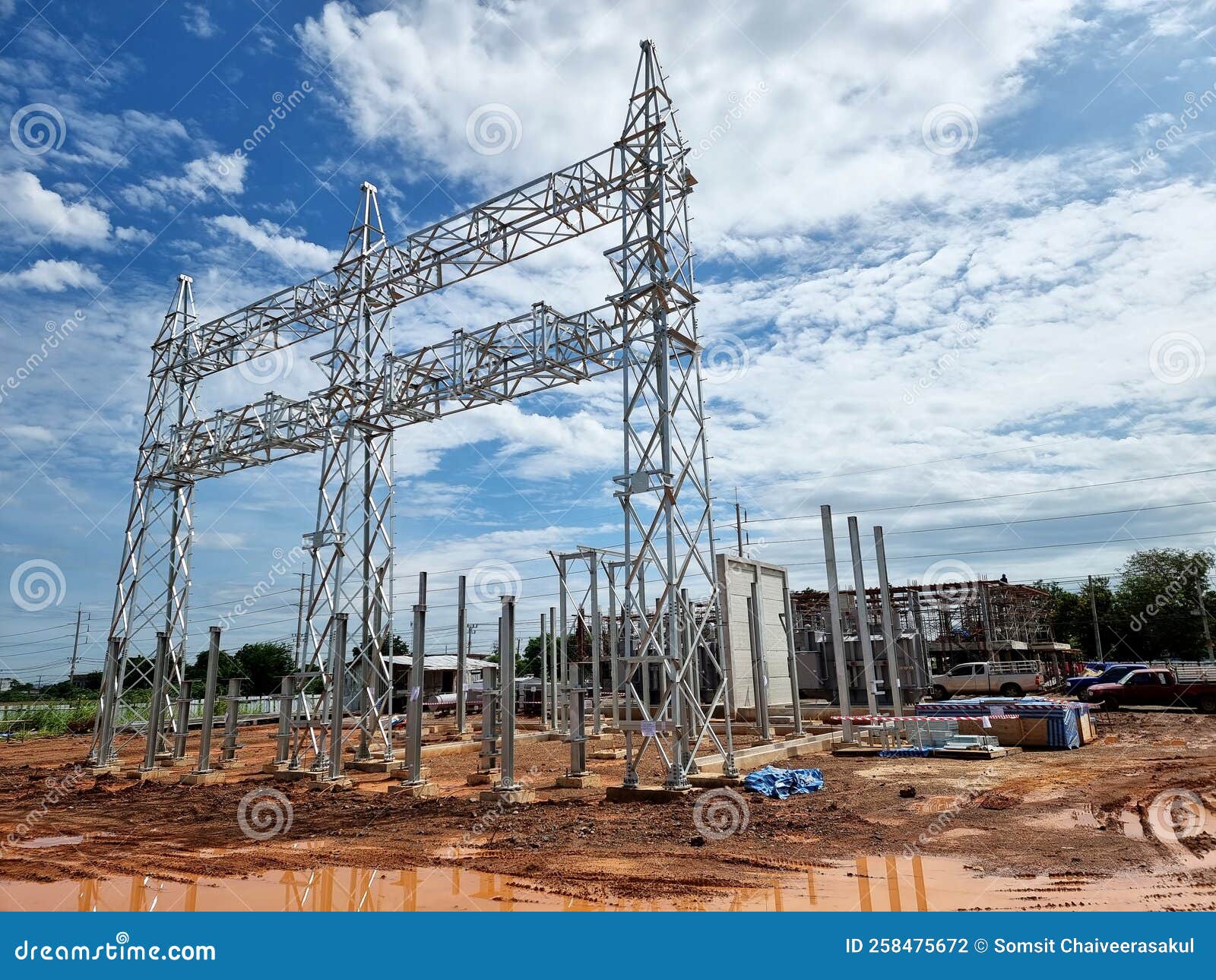 Steel Structure of High Voltage Take-off Tower in the Switchyard, Power ...