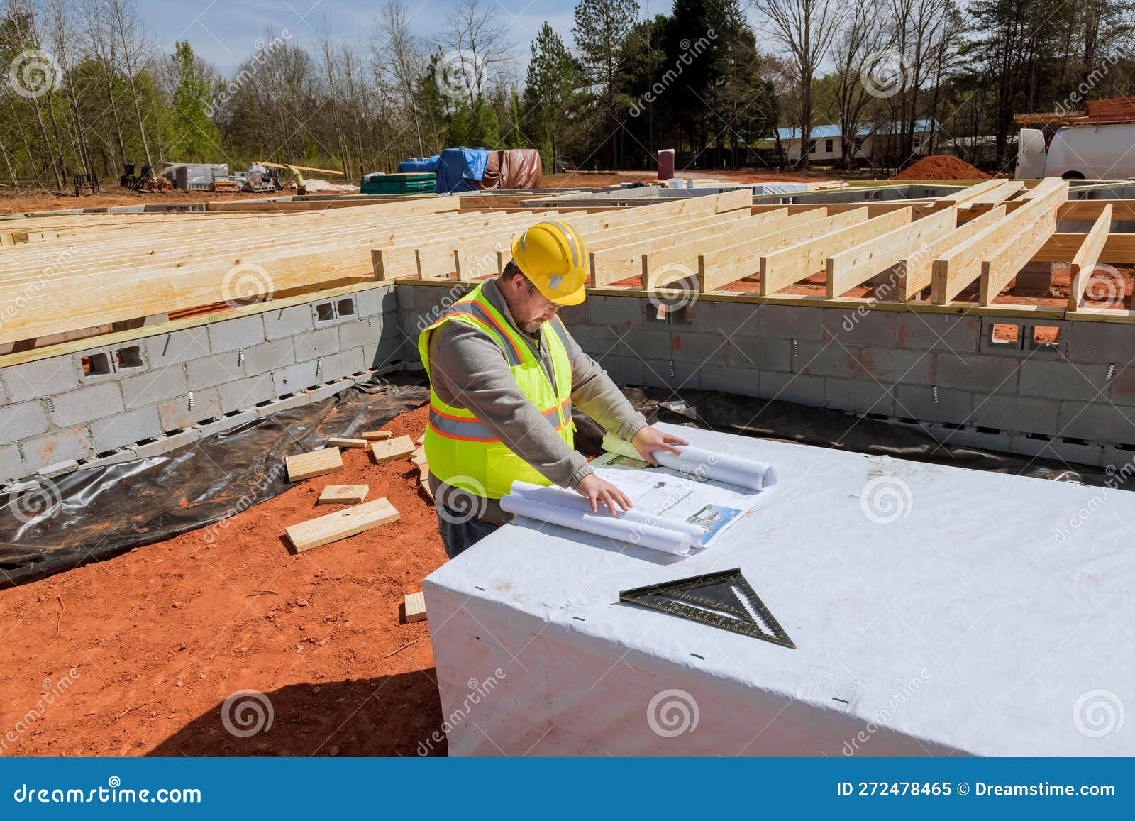 Construction Supervisor in a Hard Hat Safety Vest Inspecting the House ...