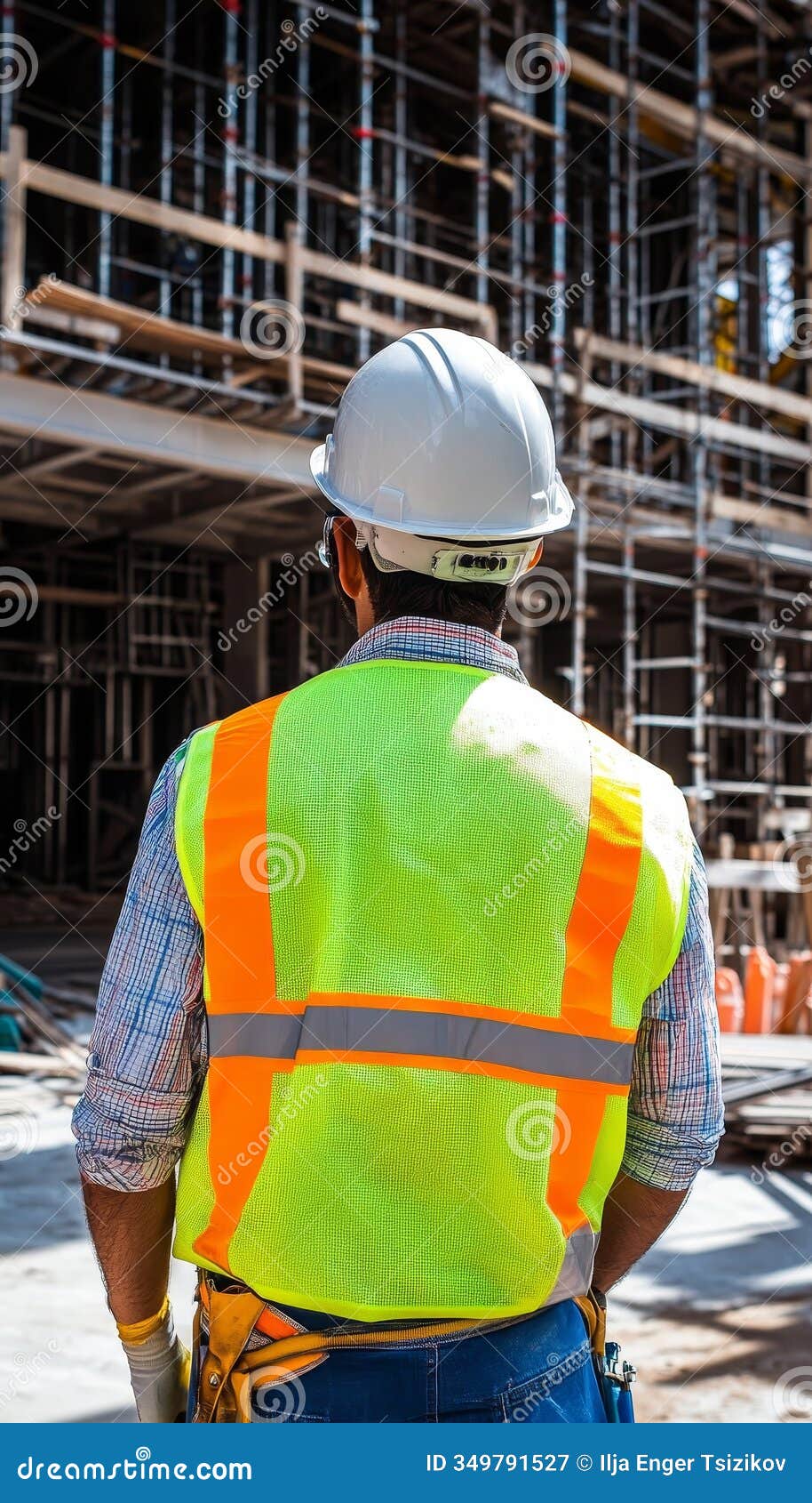 Construction Supervisor in Hard Hat and Safety Vest Monitors Progress ...