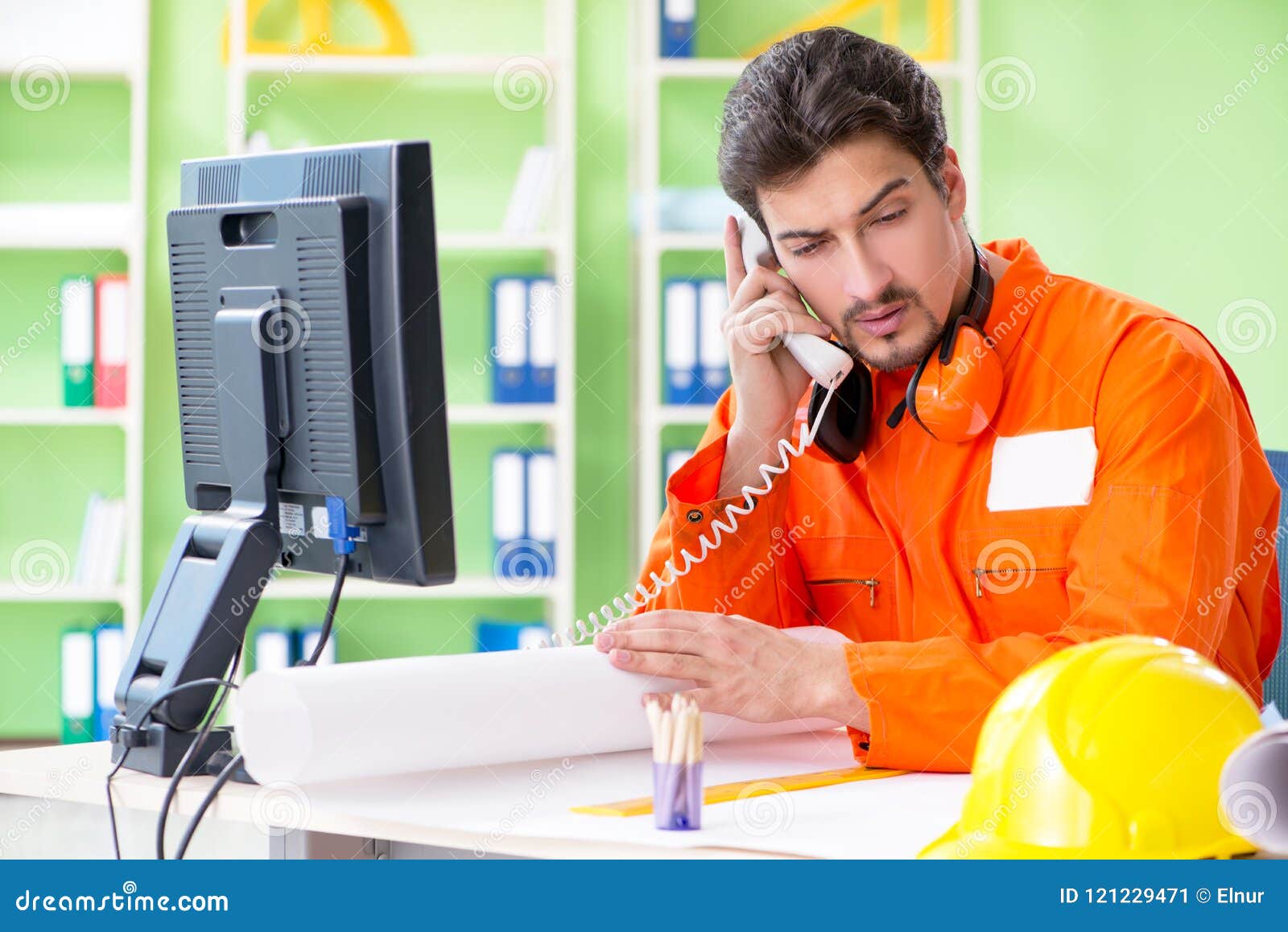 The Construction Supervisor Planning New Project in Office Stock Image ...