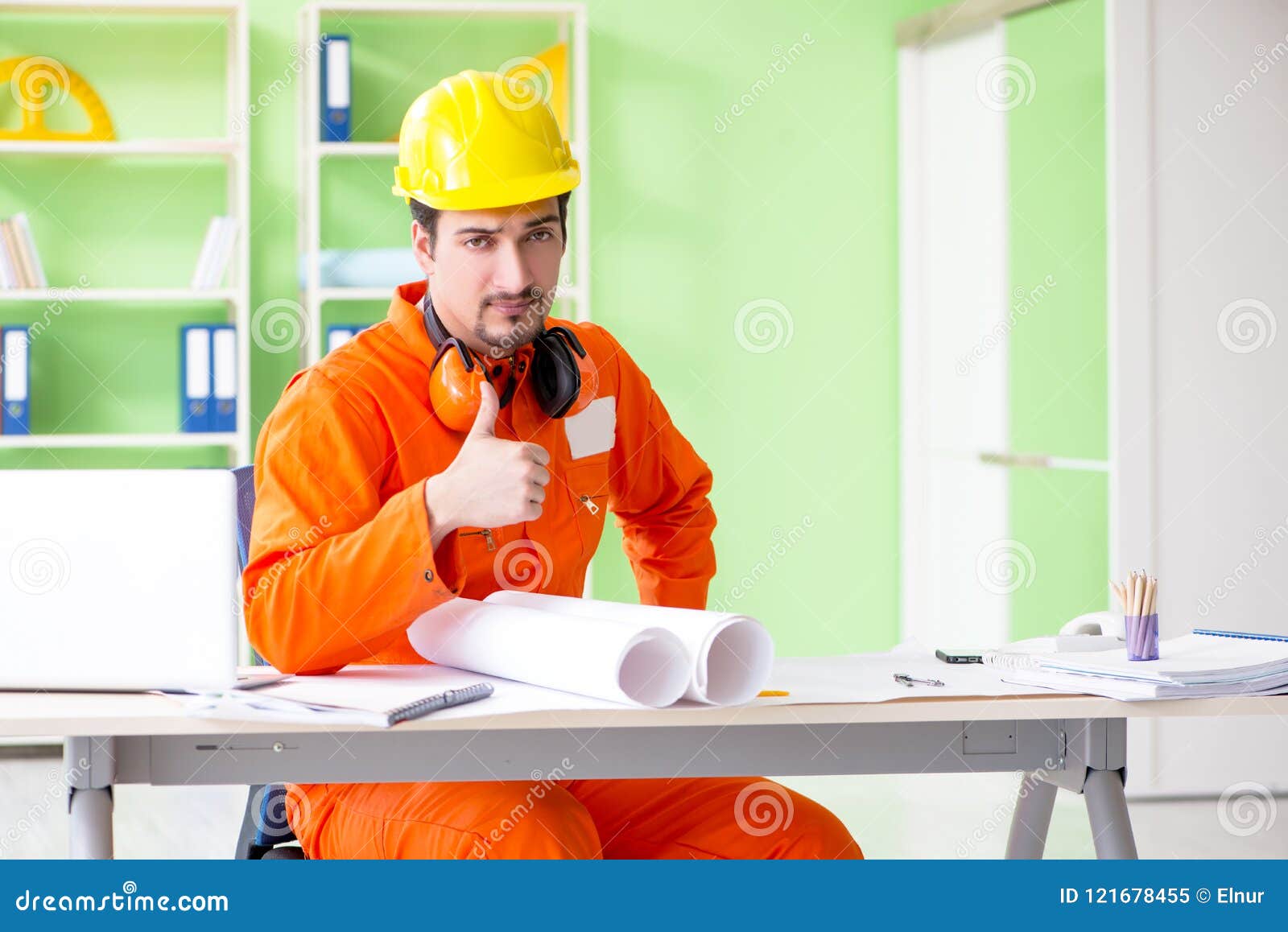 The Construction Supervisor Planning New Project in Office Stock Image ...