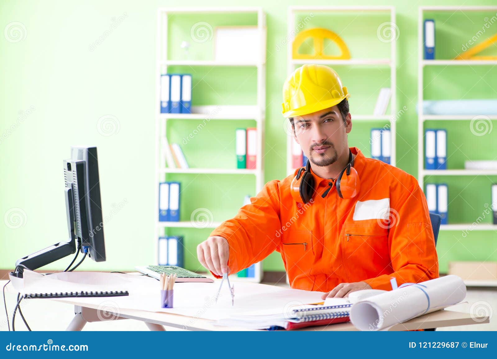 The Construction Supervisor Planning New Project in Office Stock Image ...