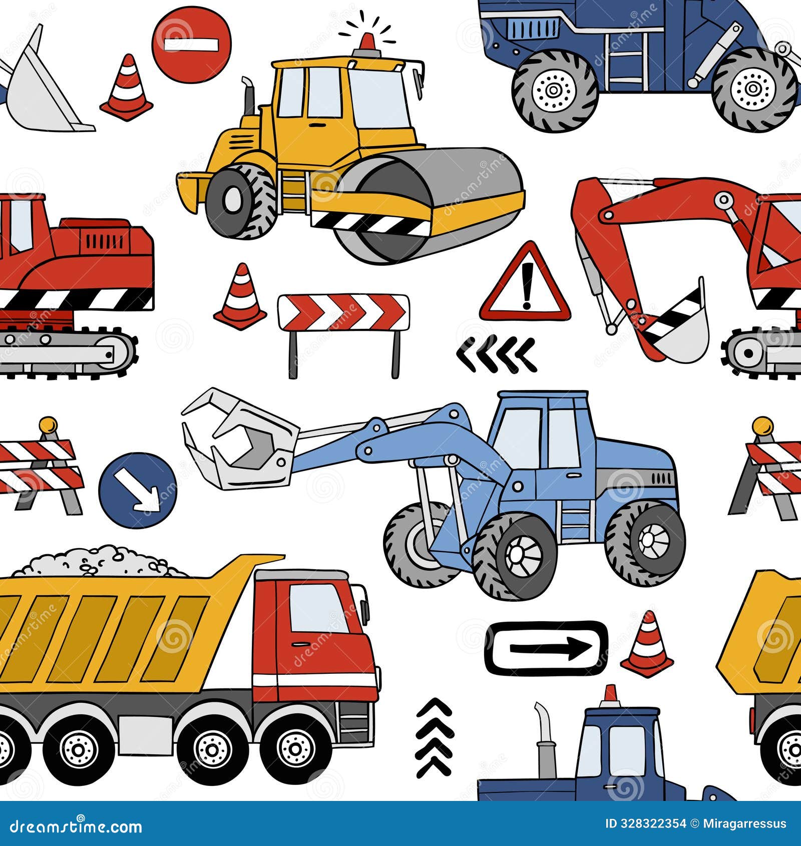 Cute Construction Trucks and Bulldozers. Seamless Vector Pattern. Stock ...