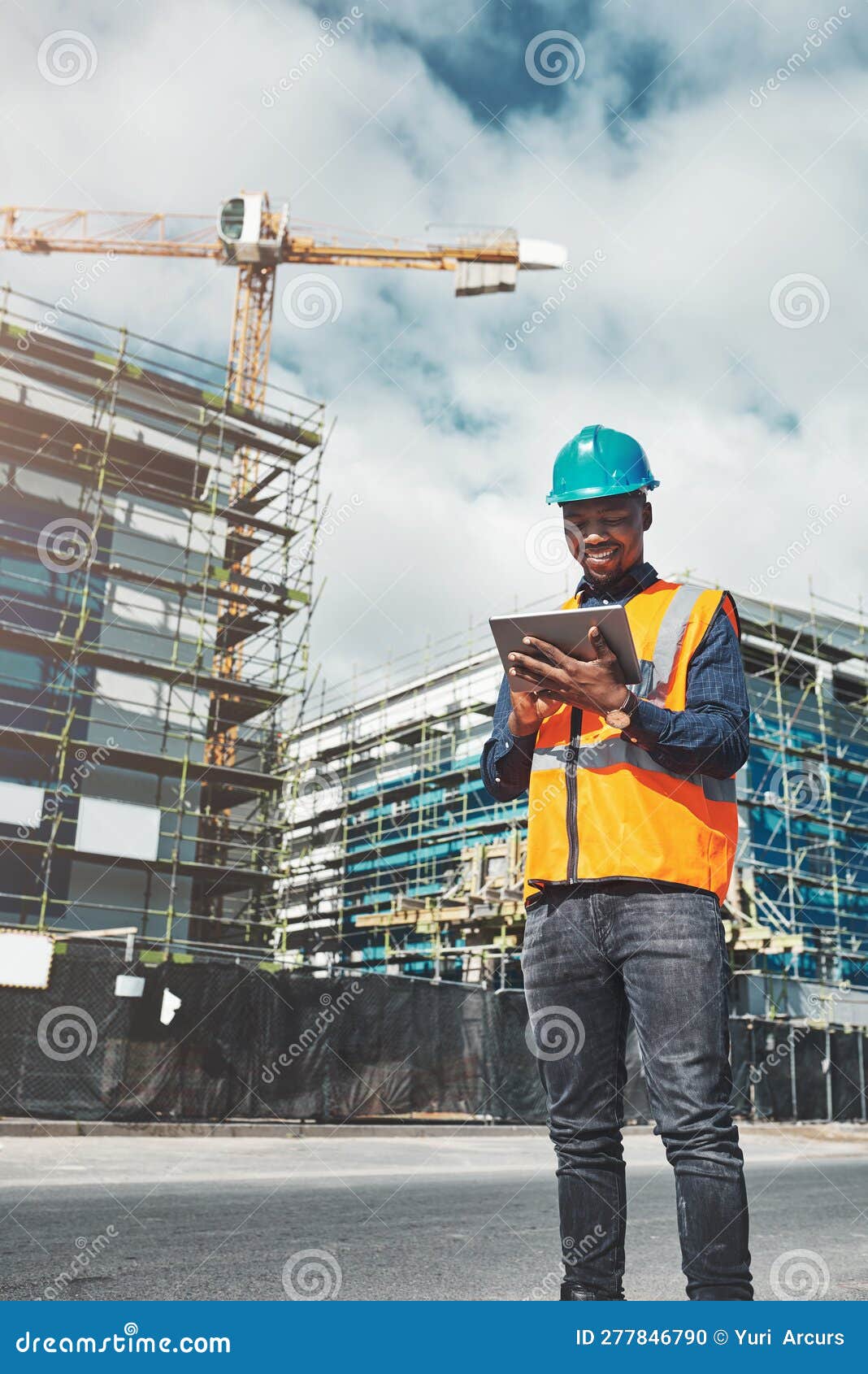 Construction, Tablet and Engineer Man Outdoor for Project Management ...