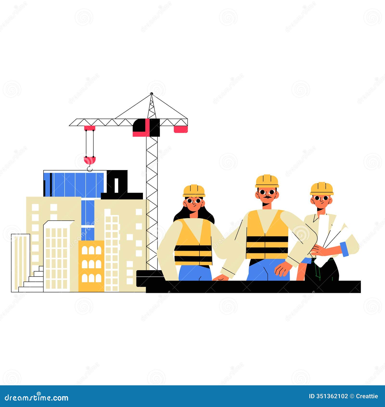Construction Team at Building Site in Flat Vector Illustration ...