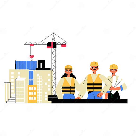 Construction Team at Building Site in Flat Vector Illustration ...