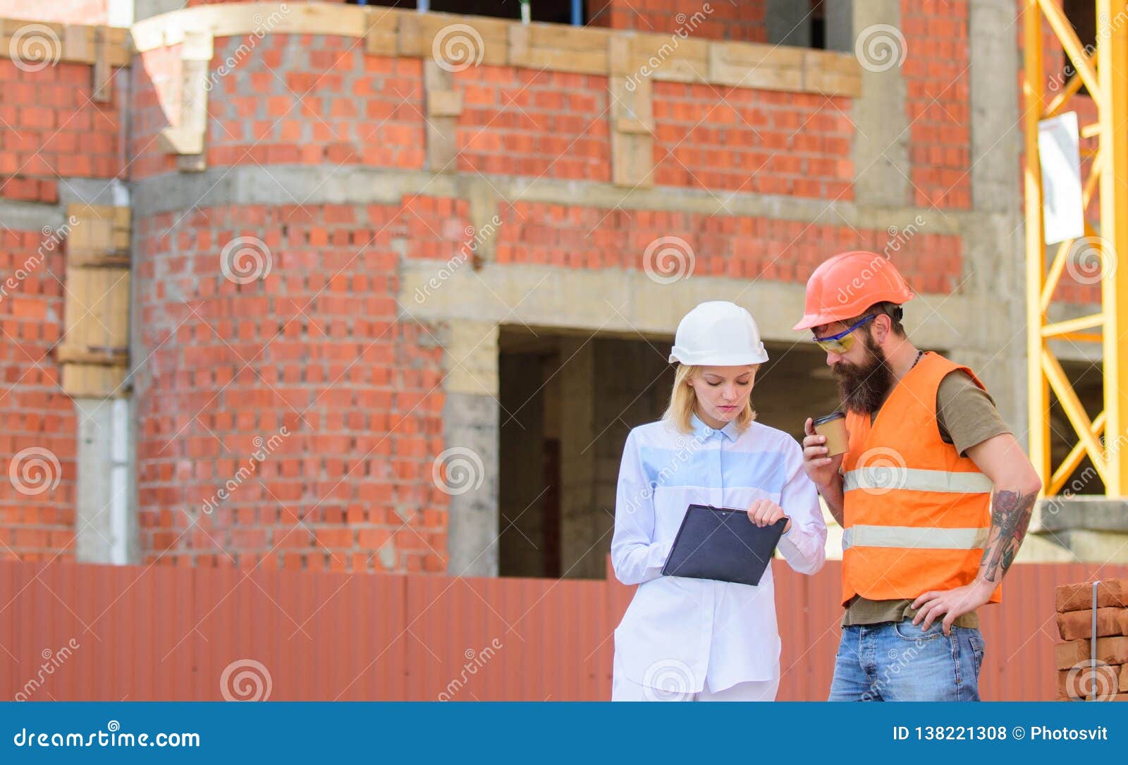 Construction Team Communication Concept. Woman Engineer And Builder ...