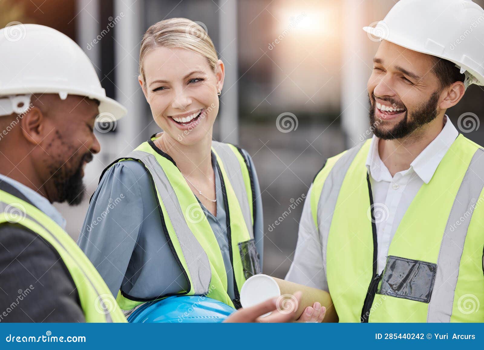 Construction Team, Communication and Laugh with Teamwork and Builder Collaboration. Building ...