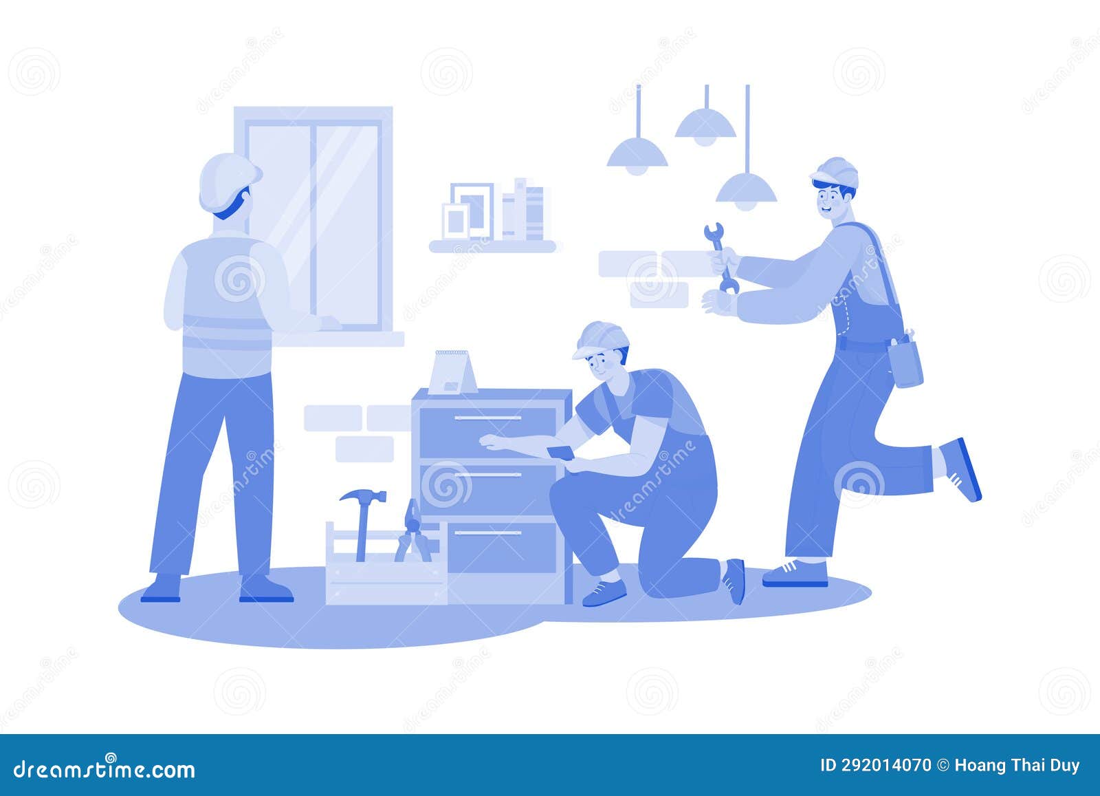 Construction Team Installs Electrical Wiring in New House Stock Vector ...